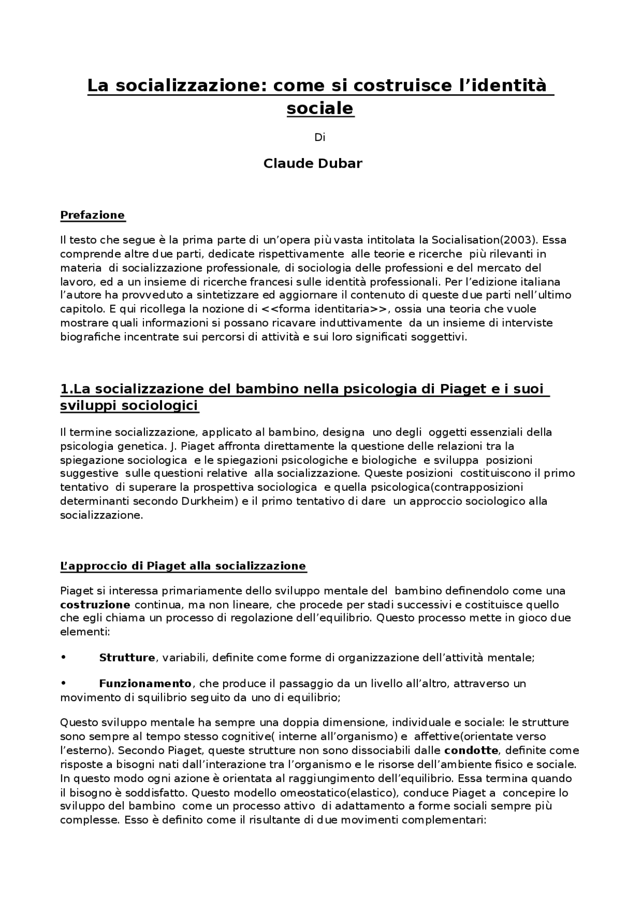 La socializzazione claude dubar - Docsity