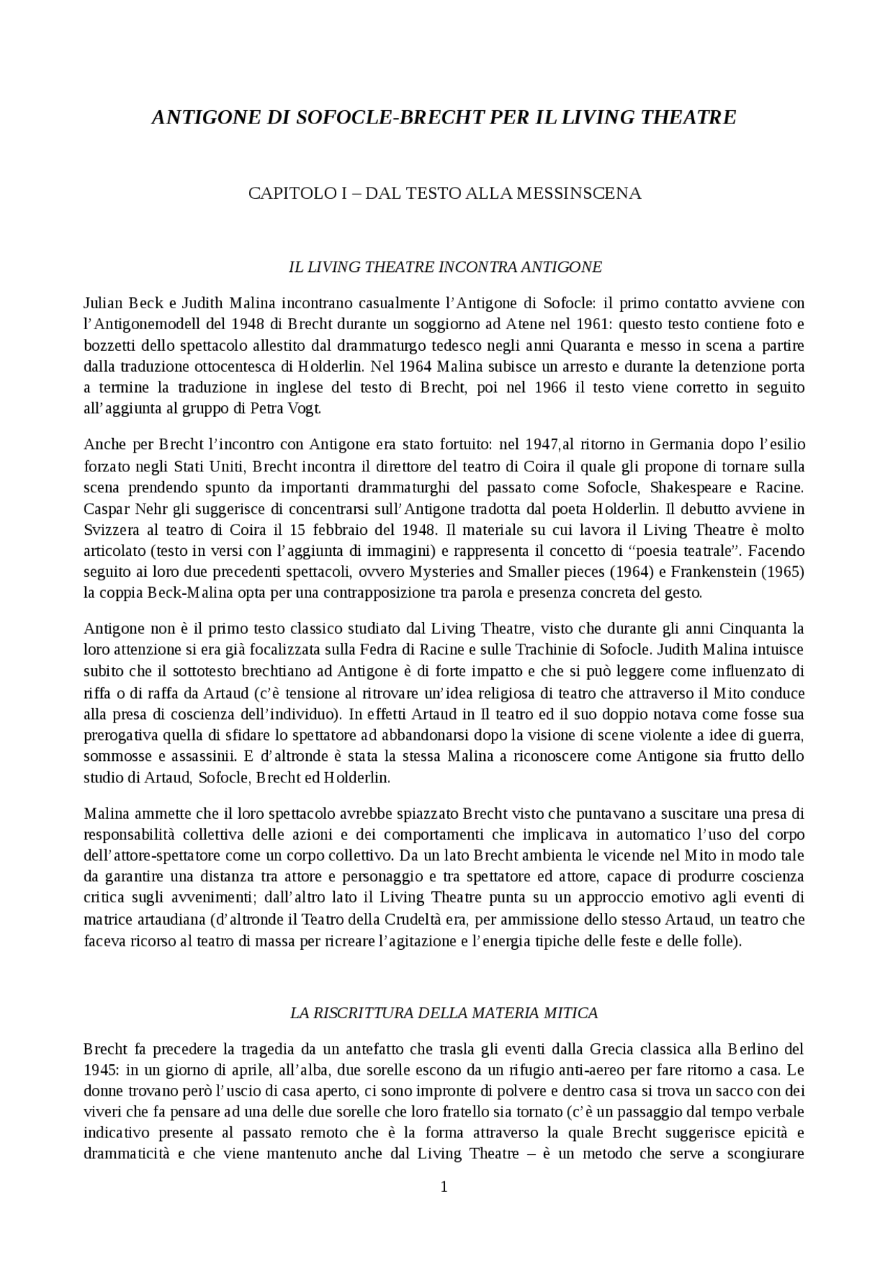 Antigone di Sofocle - Brecht per il Living Theatre - Docsity