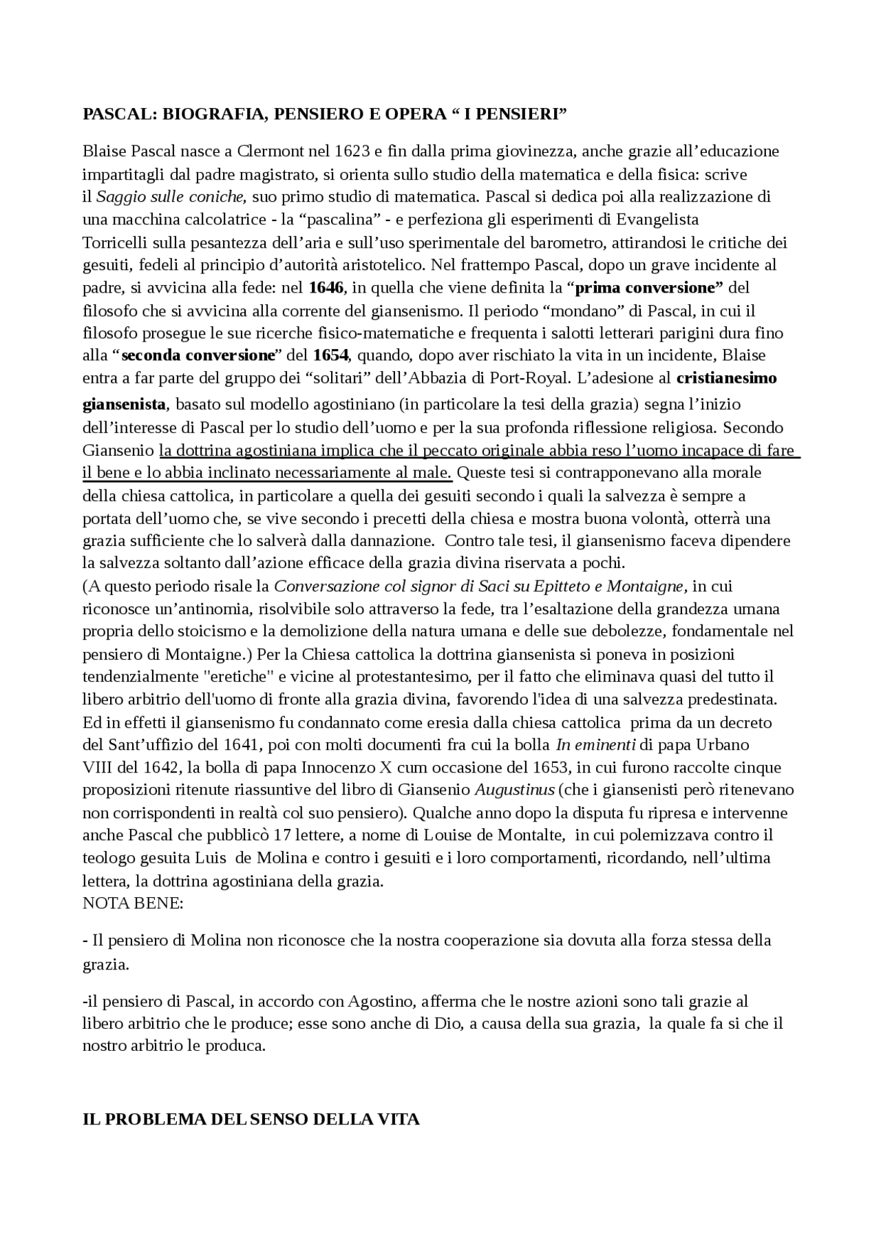 Pascal: biografia, pensiero e opera "I Pensieri" - Docsity