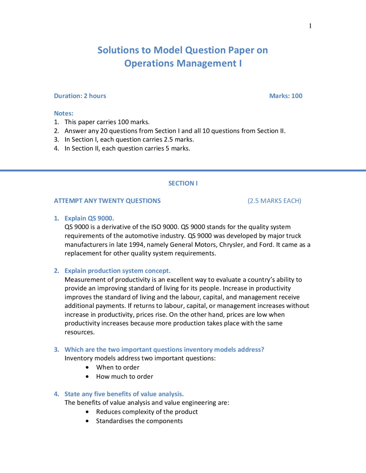 Solutions to model question paper i - Docsity