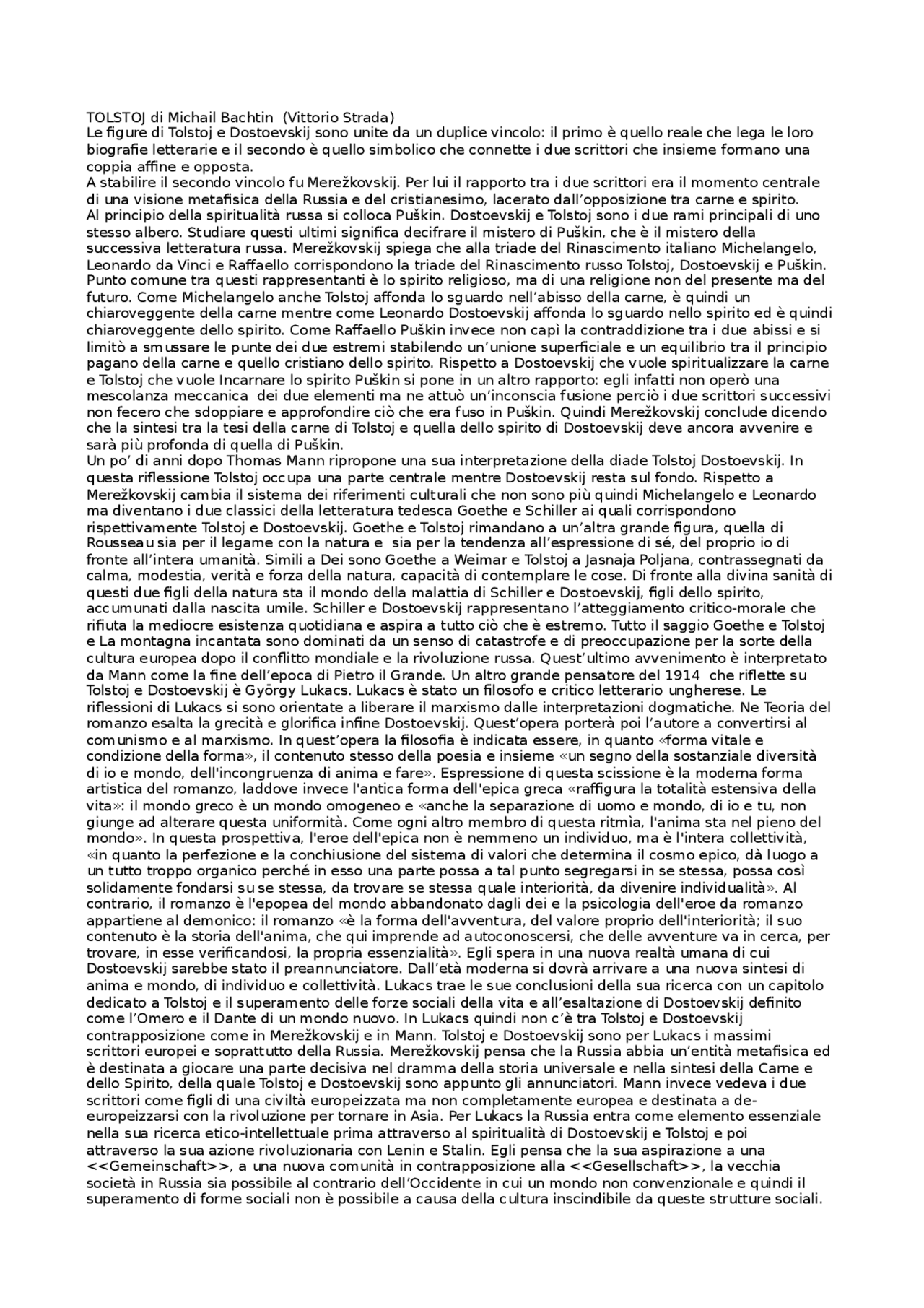 Tolstoj Di Michail Bachtin Docsity