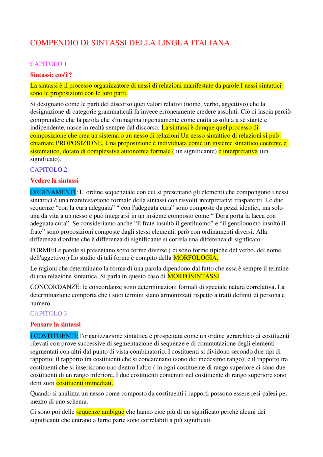 Compendio di sintassi della lingua italiana - Docsity