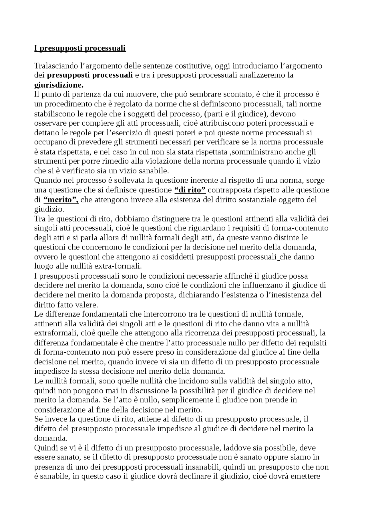 Presupposti Processuali Appunti Di Diritto Processuale Civile Docsity