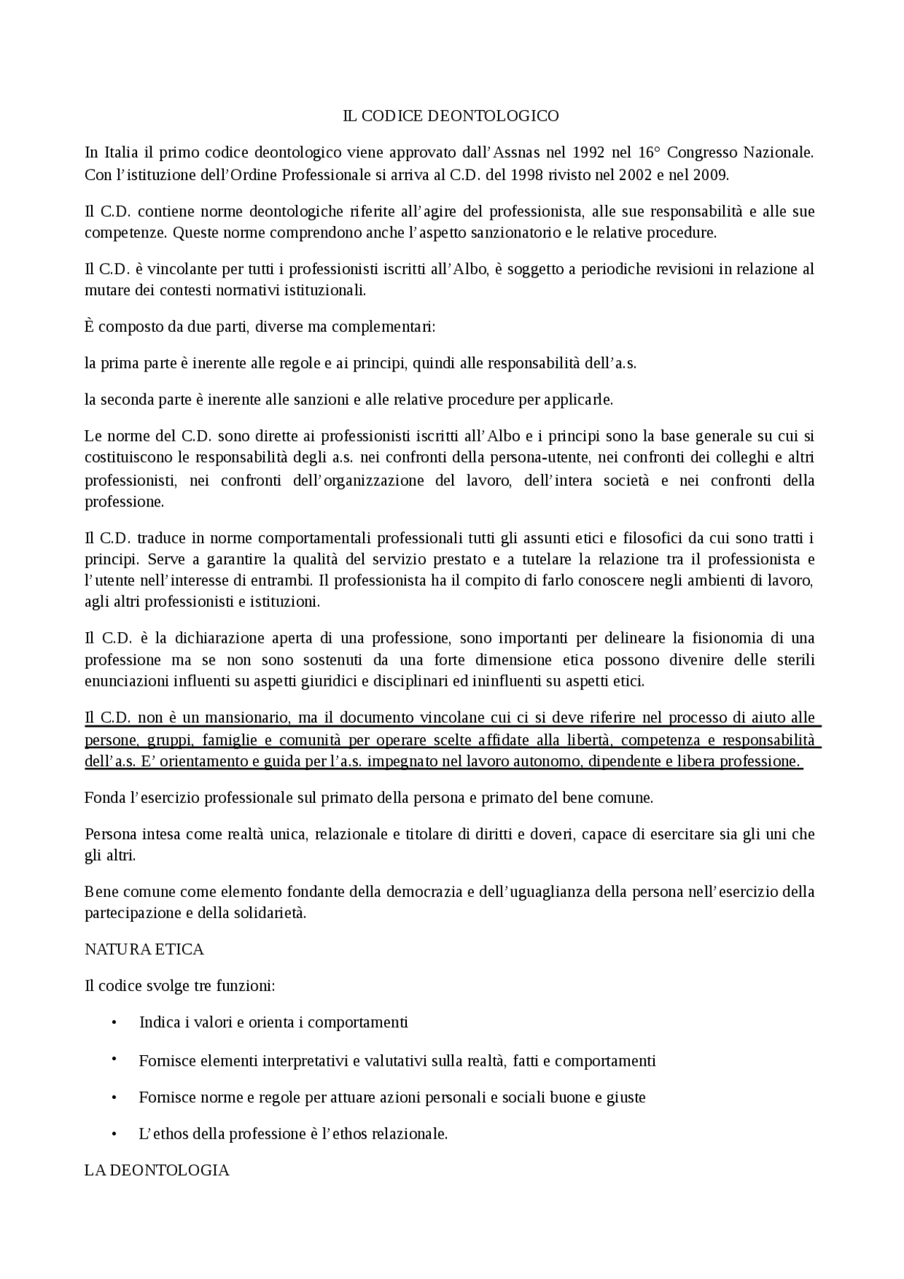 Il Codice Deontologico Ss Docsity