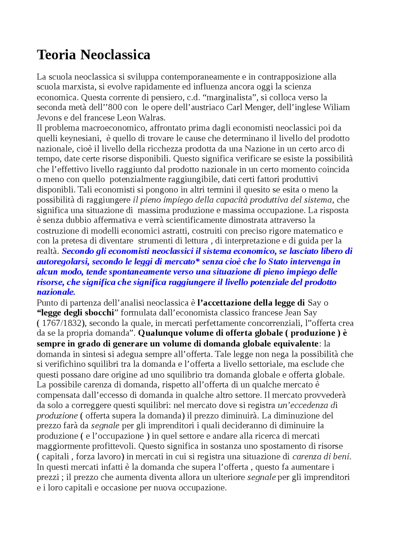 Teoria Neoclassica Docsity