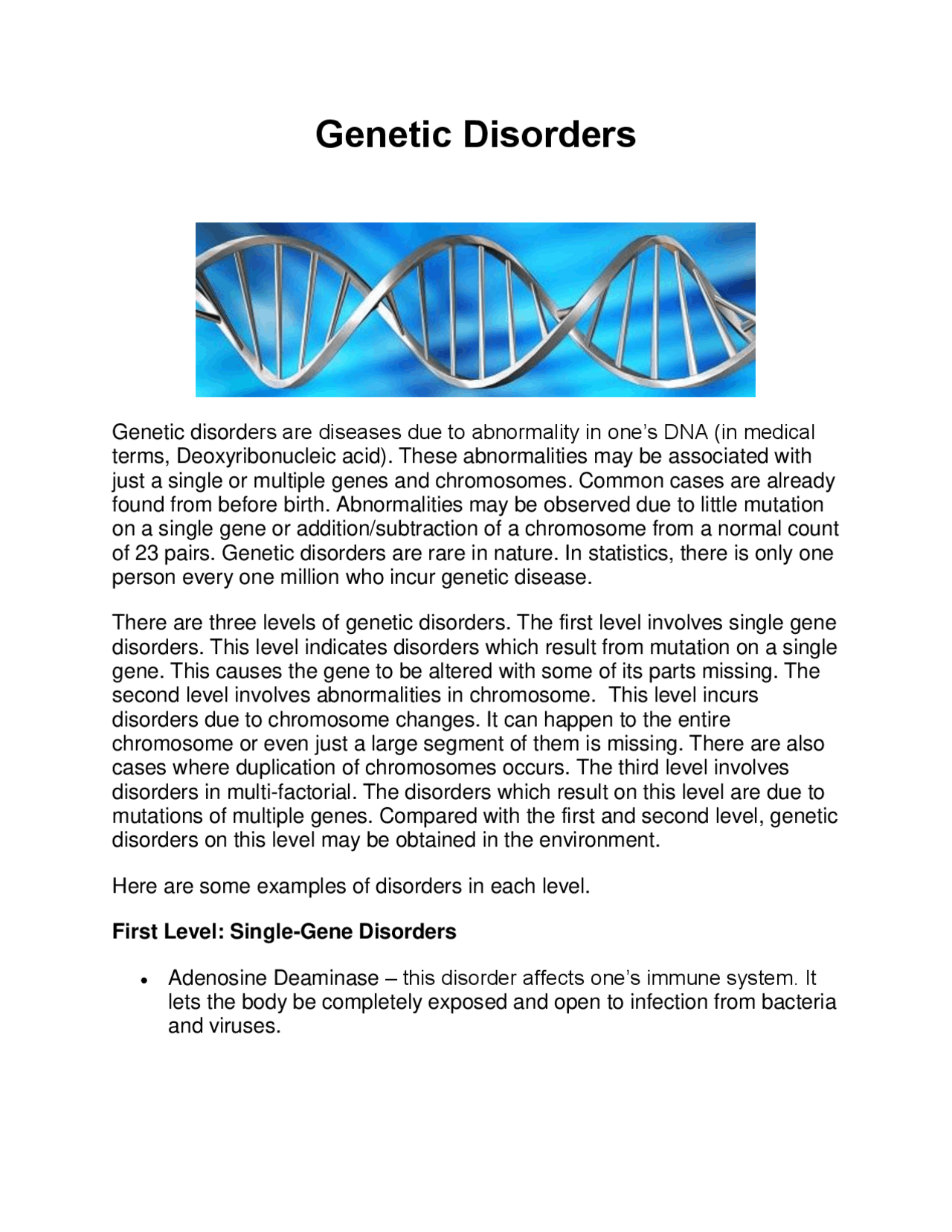 Genetic Disorders Genetic Biology Lecture Handout Lecture Notes