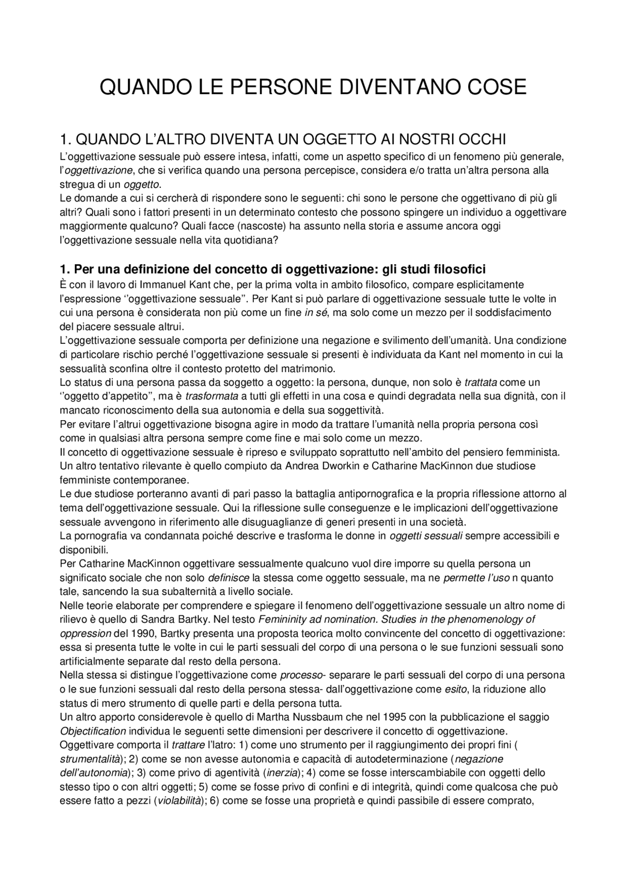 Riassunto Libro Quando Le Persone Diventano Cose Pacilli Docsity