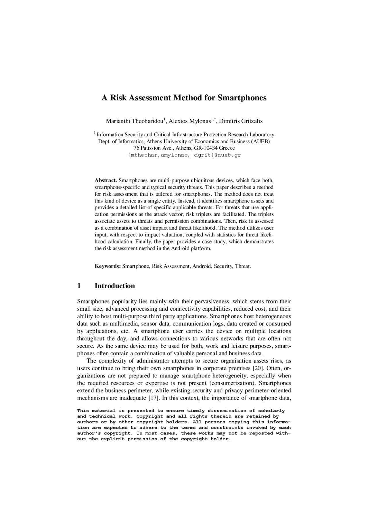 A Risk Assessment Method For Smartphones Docsity