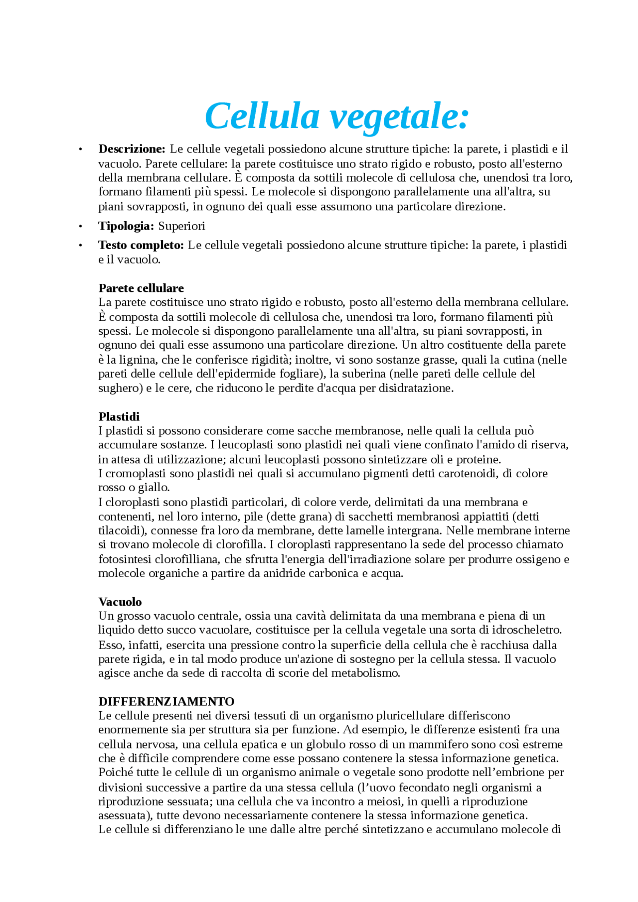 Cellula vegetale - Docsity