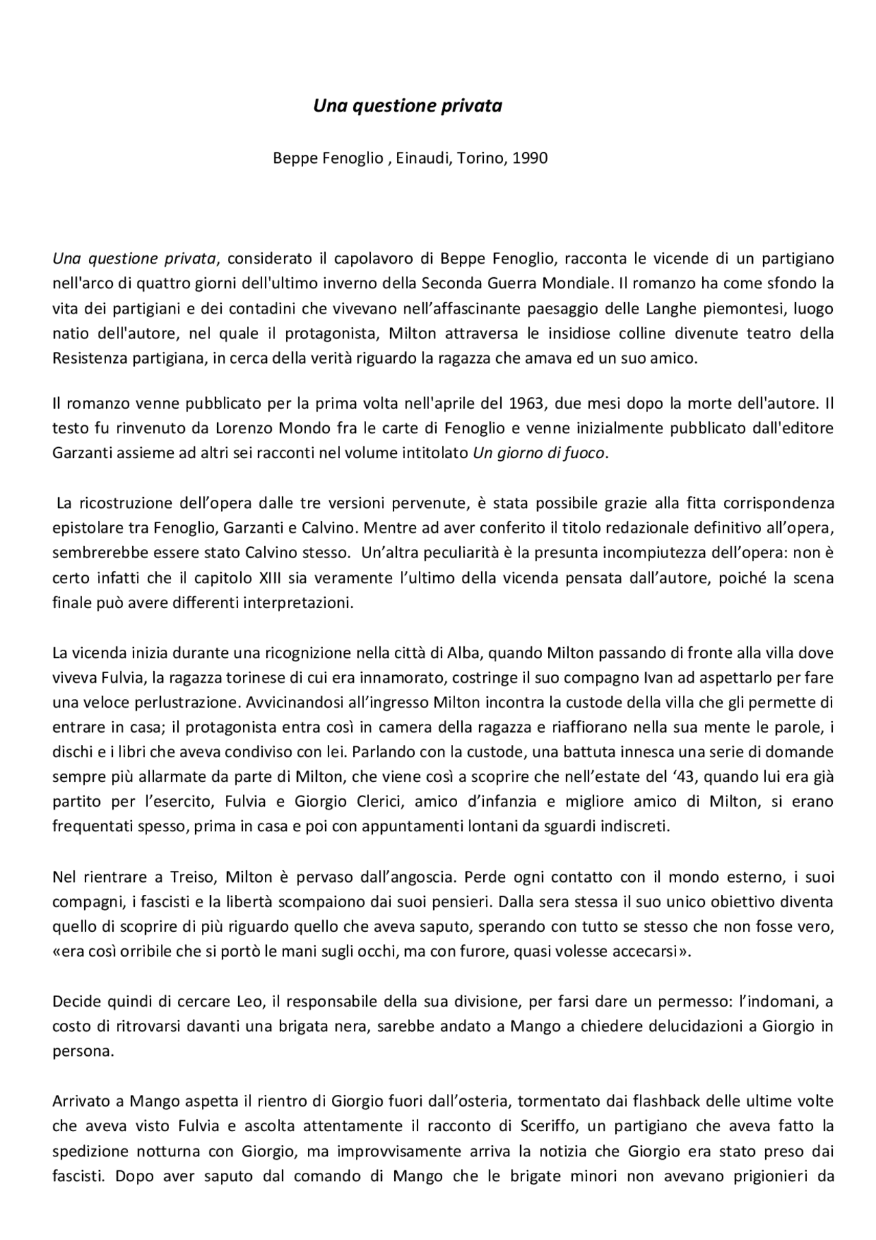 Recensione Di Una Questione Privata Di Beppe Fenoglio Tesine