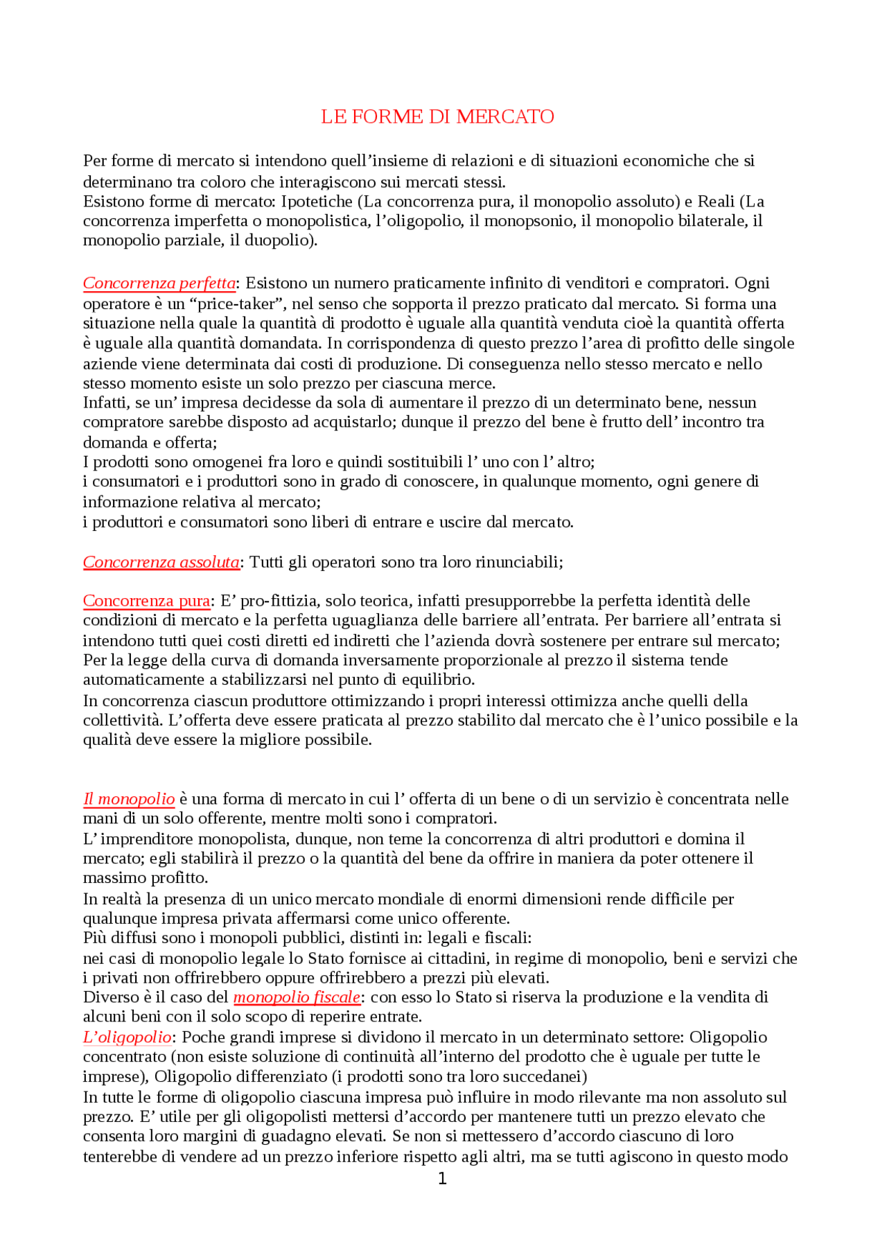 Le Forme Di Mercato Docsity
