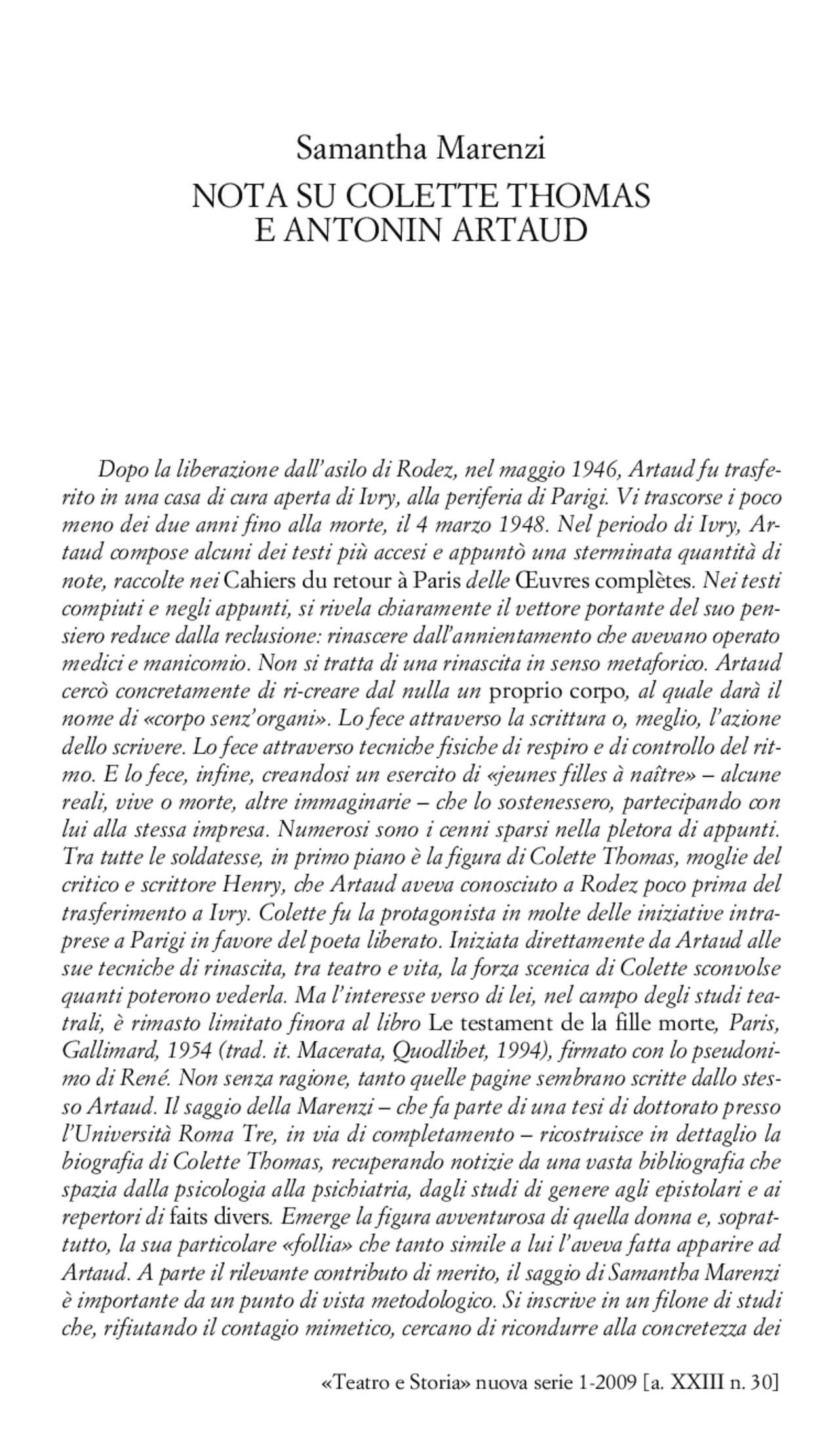 Note su Colette Thomas e Antonin Artaud - Docsity