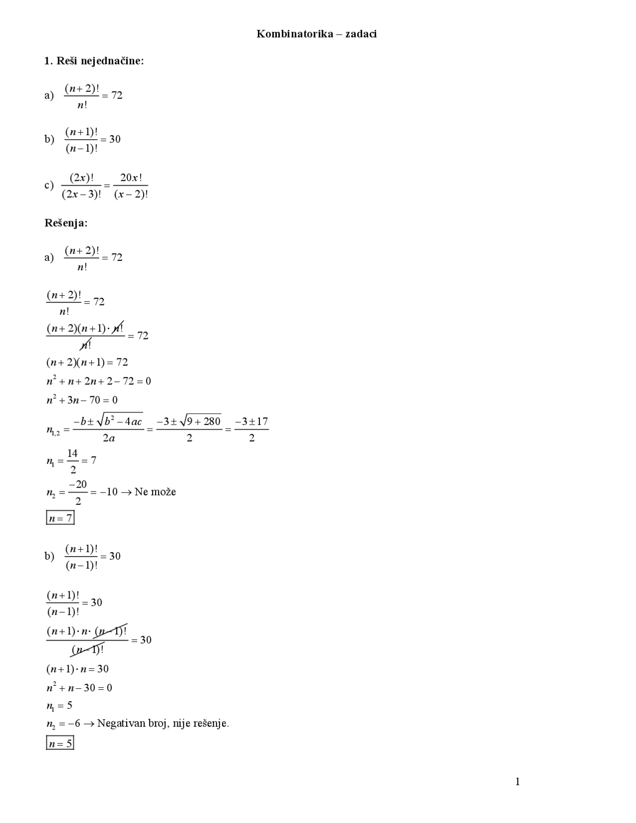 Kombinatorika zadaci | Vežbe' predlog Matematika - Docsity