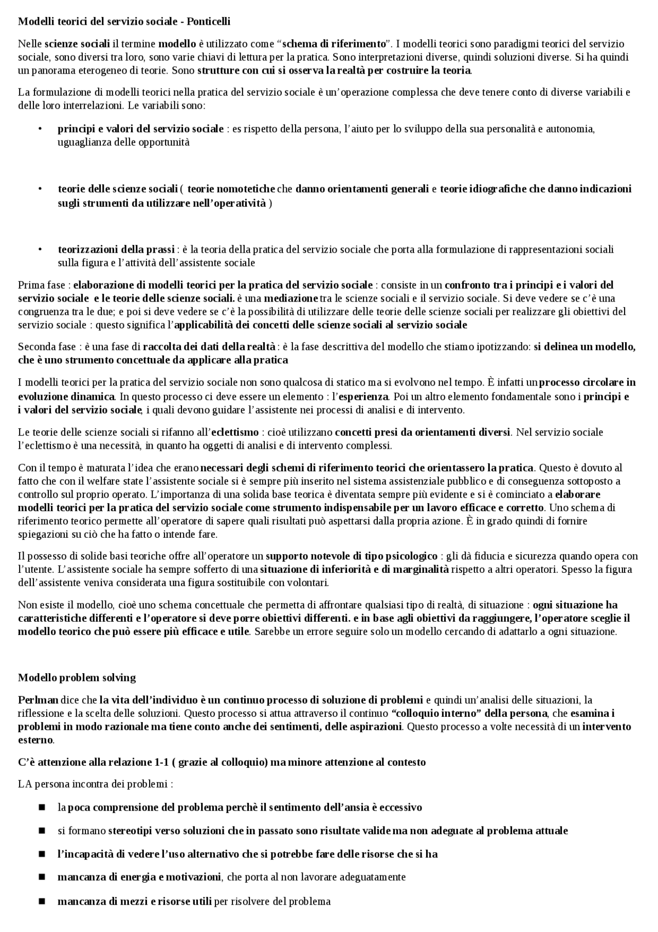 I Modelli Teorici Del Servizio Sociale Ponticelli Docsity