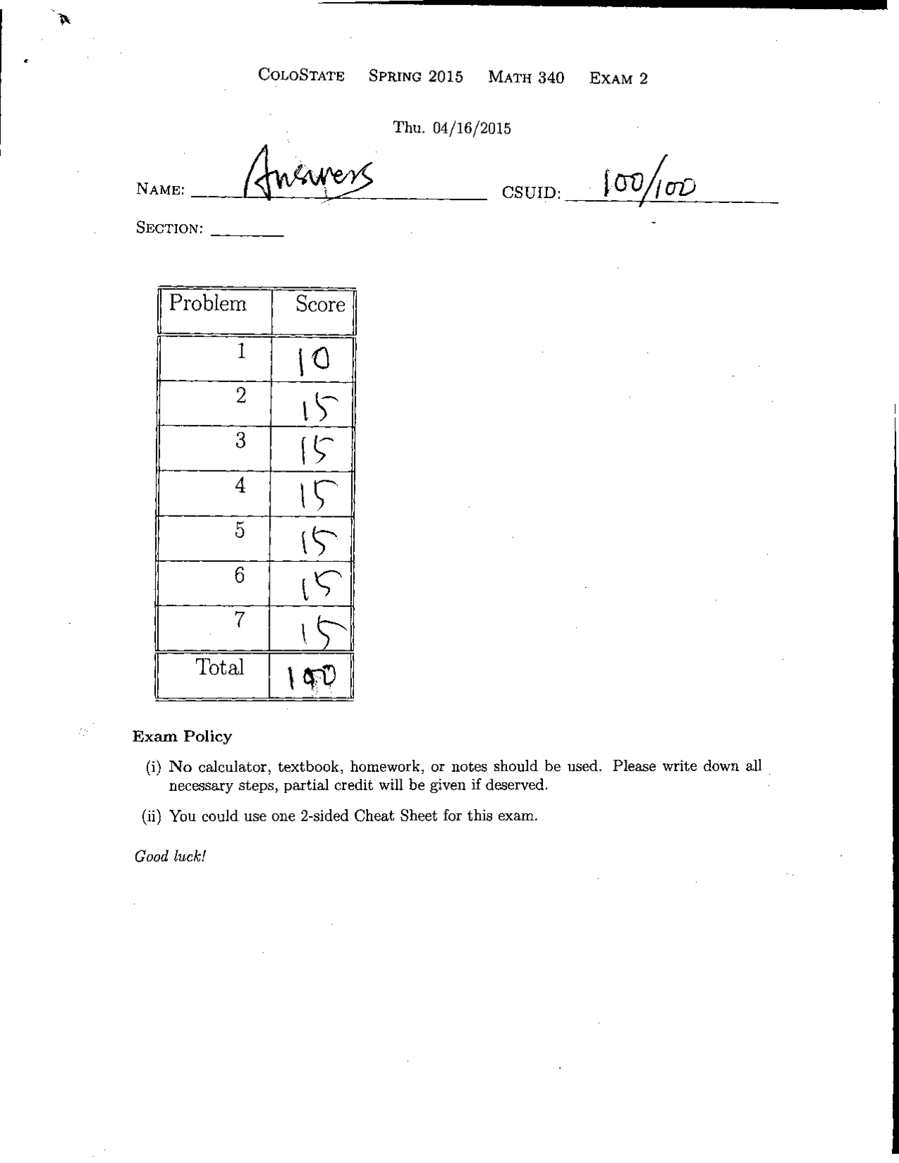 Exam 2 Answer Key Introduction To Ordinary Differential Equations