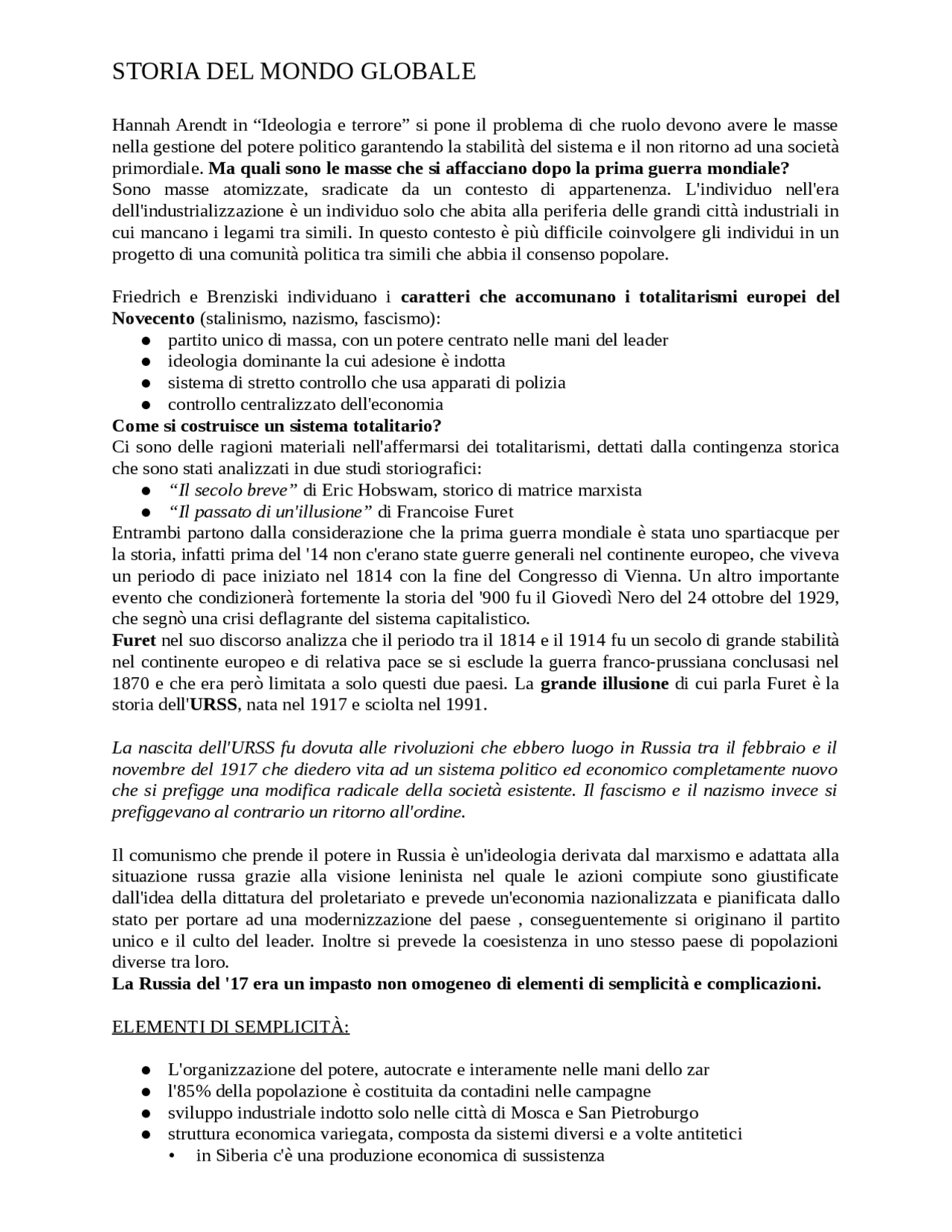 Storia del mondo globale russia | Appunti di Storia Contemporanea | Docsity