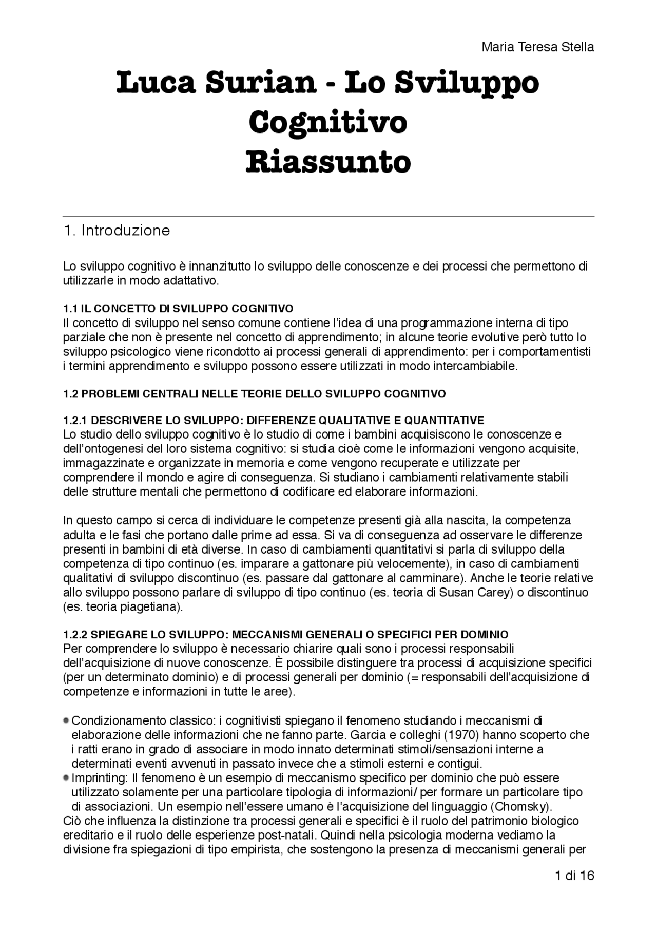 Riassunto Lo Sviluppo Cognitivo Di Surian Docsity
