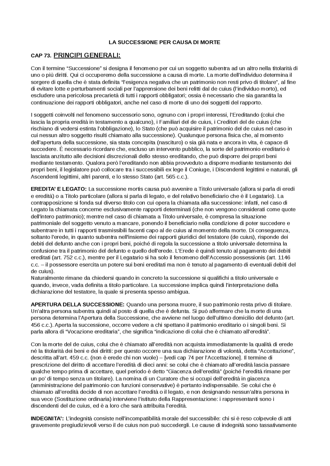 73) la successione per causa di morte | Dispense di Diritto Privato | Docsity