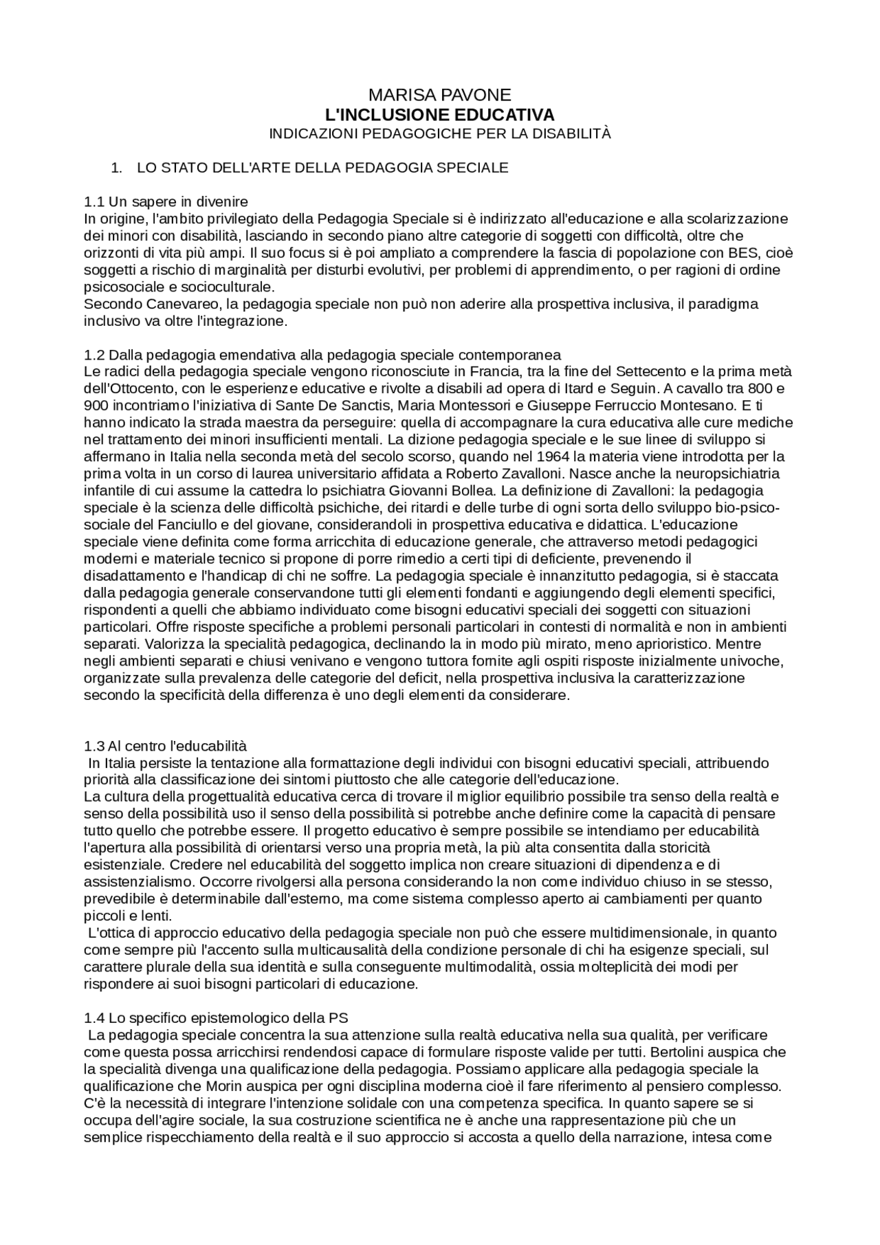 MARISA PAVONE - L'INCLUSIONE EDUCATIVA - Docsity