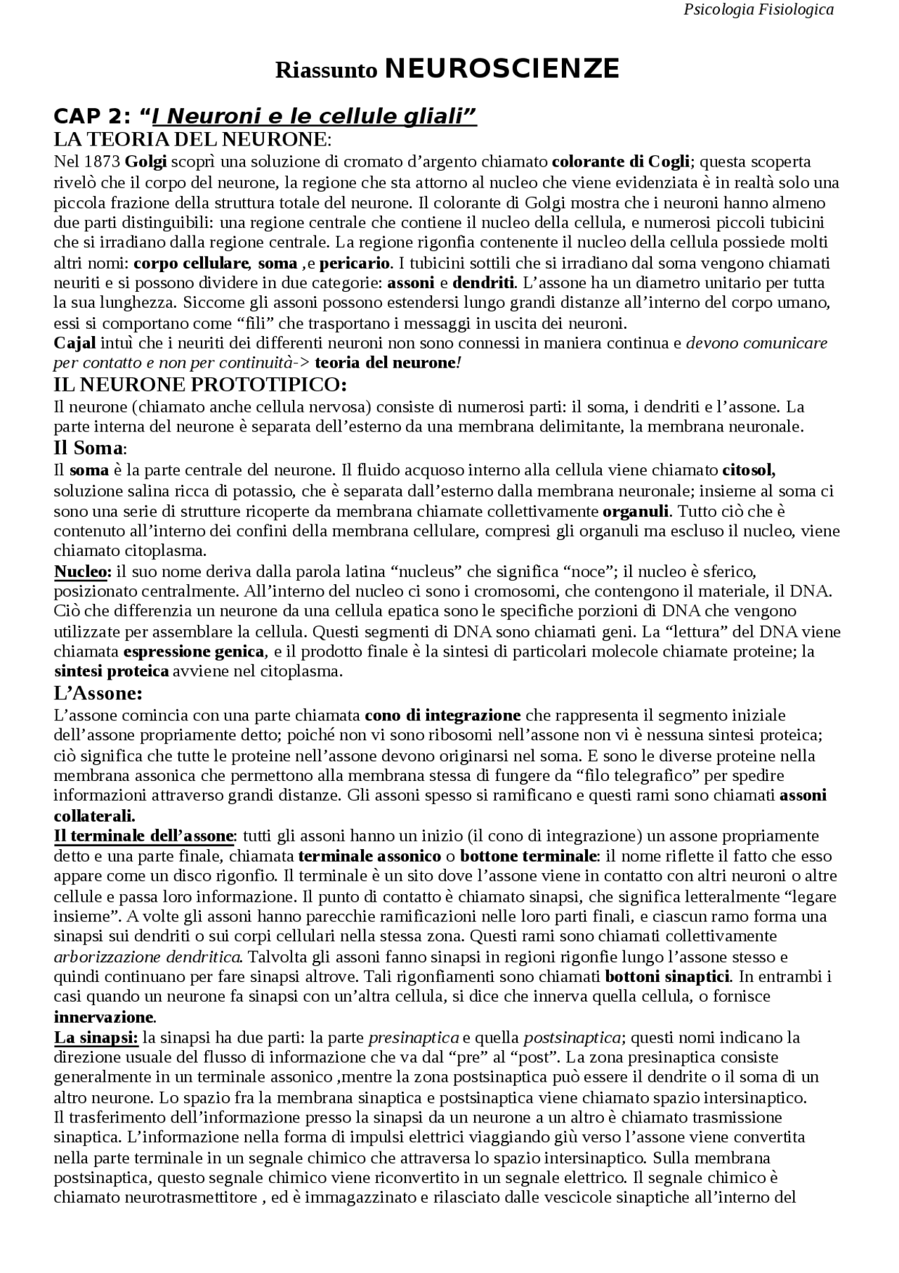 Riassunto Neuroscienze Bear Docsity