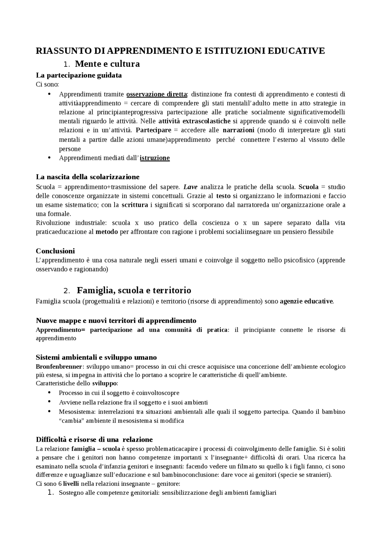 Riassunto Di Apprendimento E Istituzioni Educative Docsity