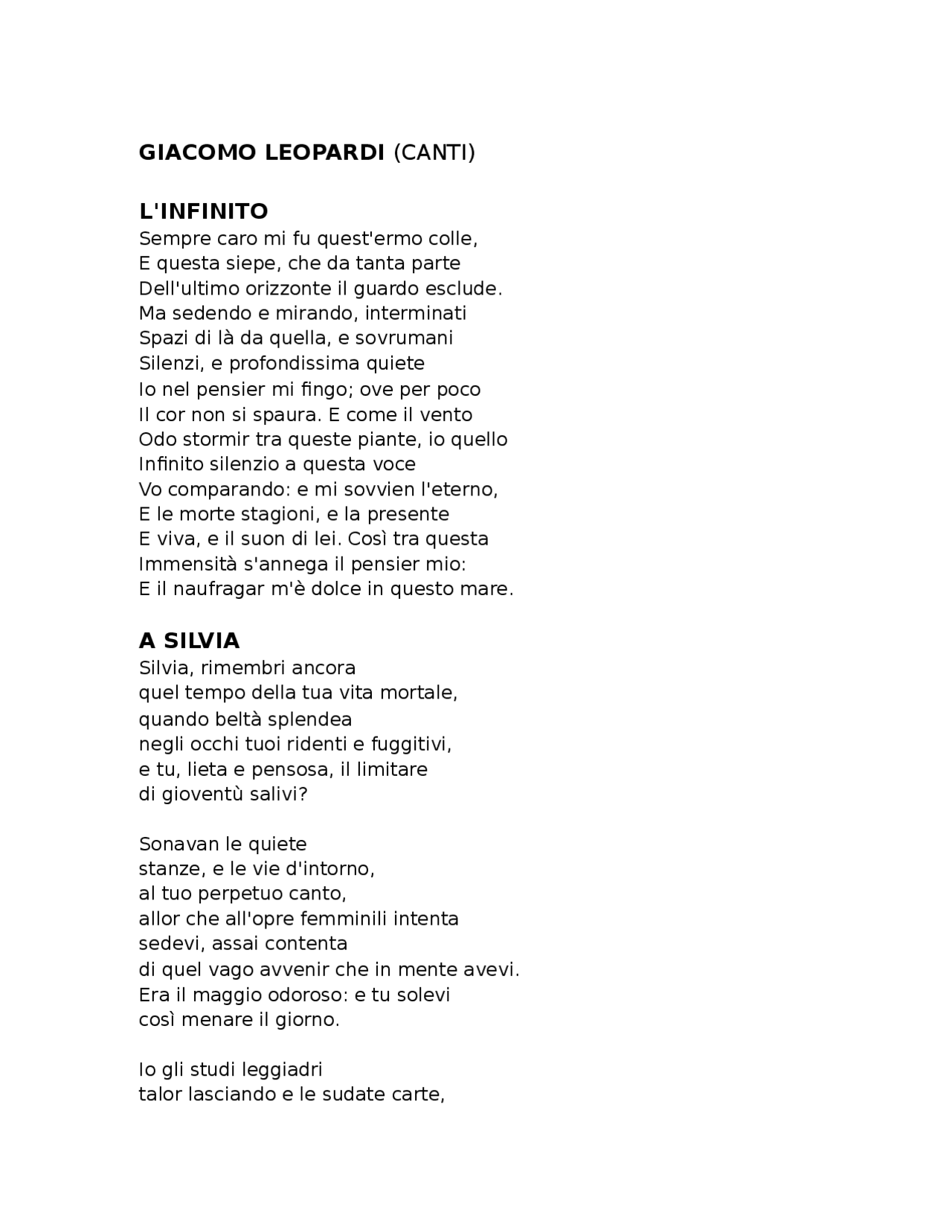 Canti Giacomo Leopardi Docsity
