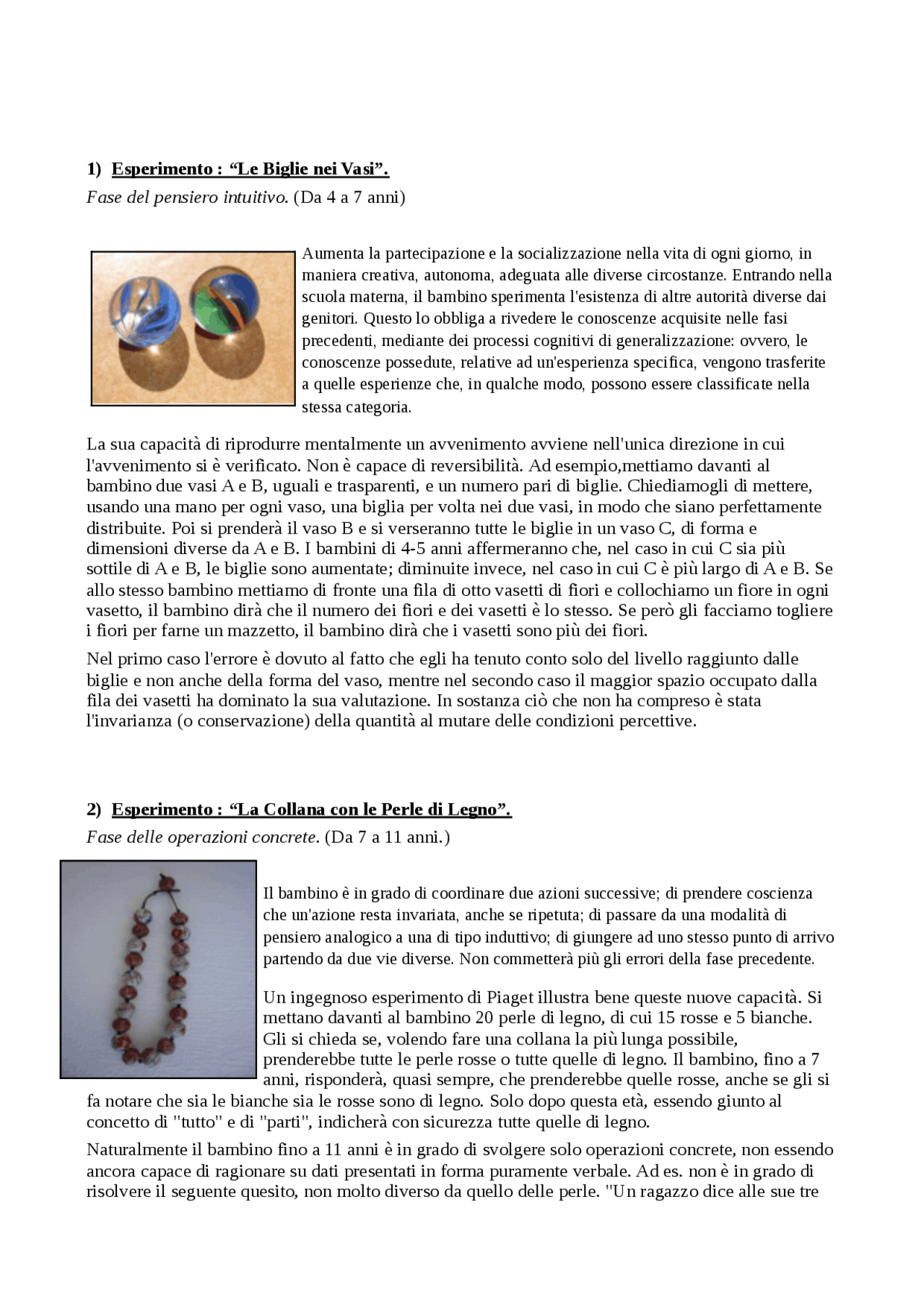 Esperimenti di Piaget | Appunti di Pedagogia | Docsity