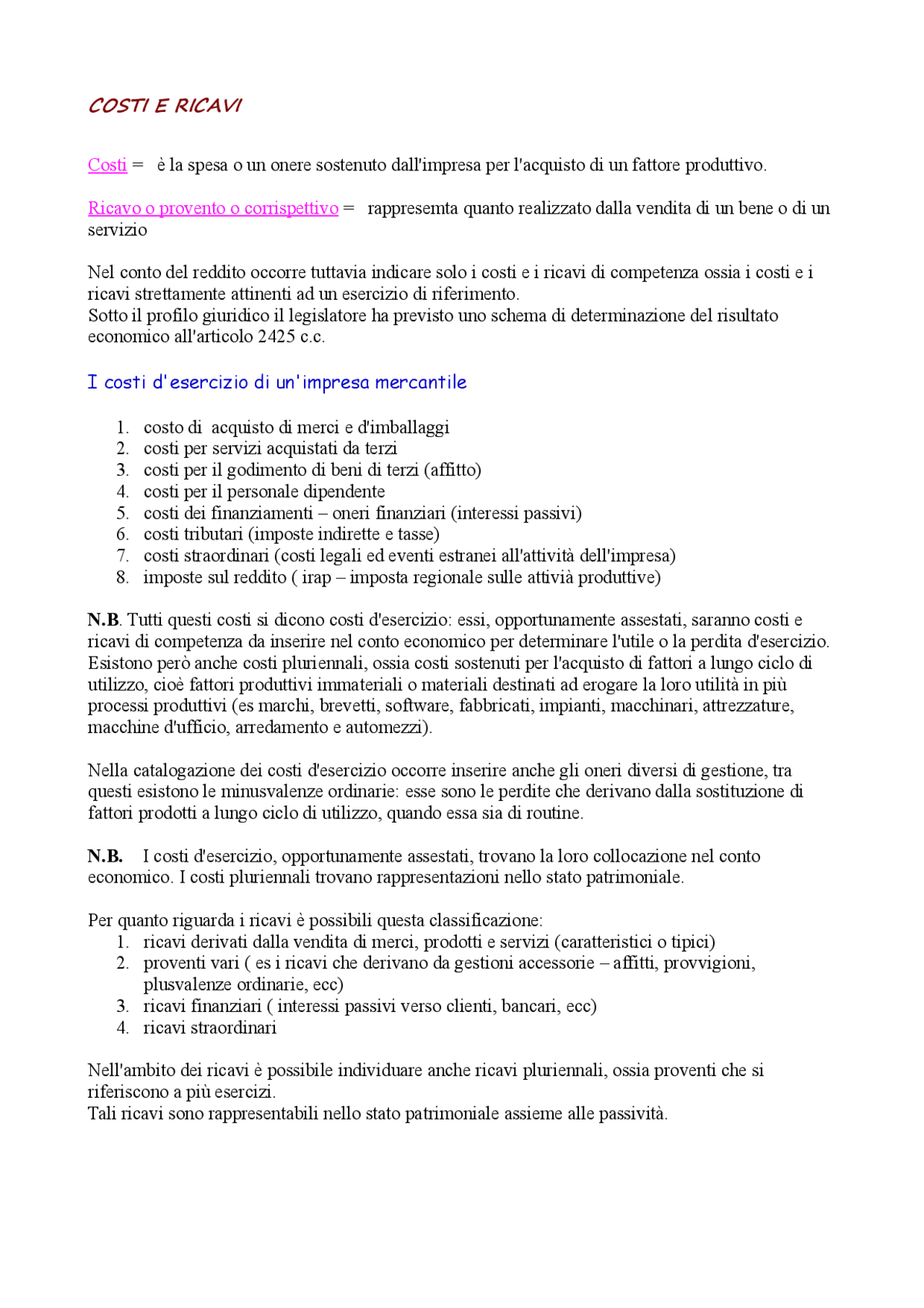 Costi E Ricavi Docsity