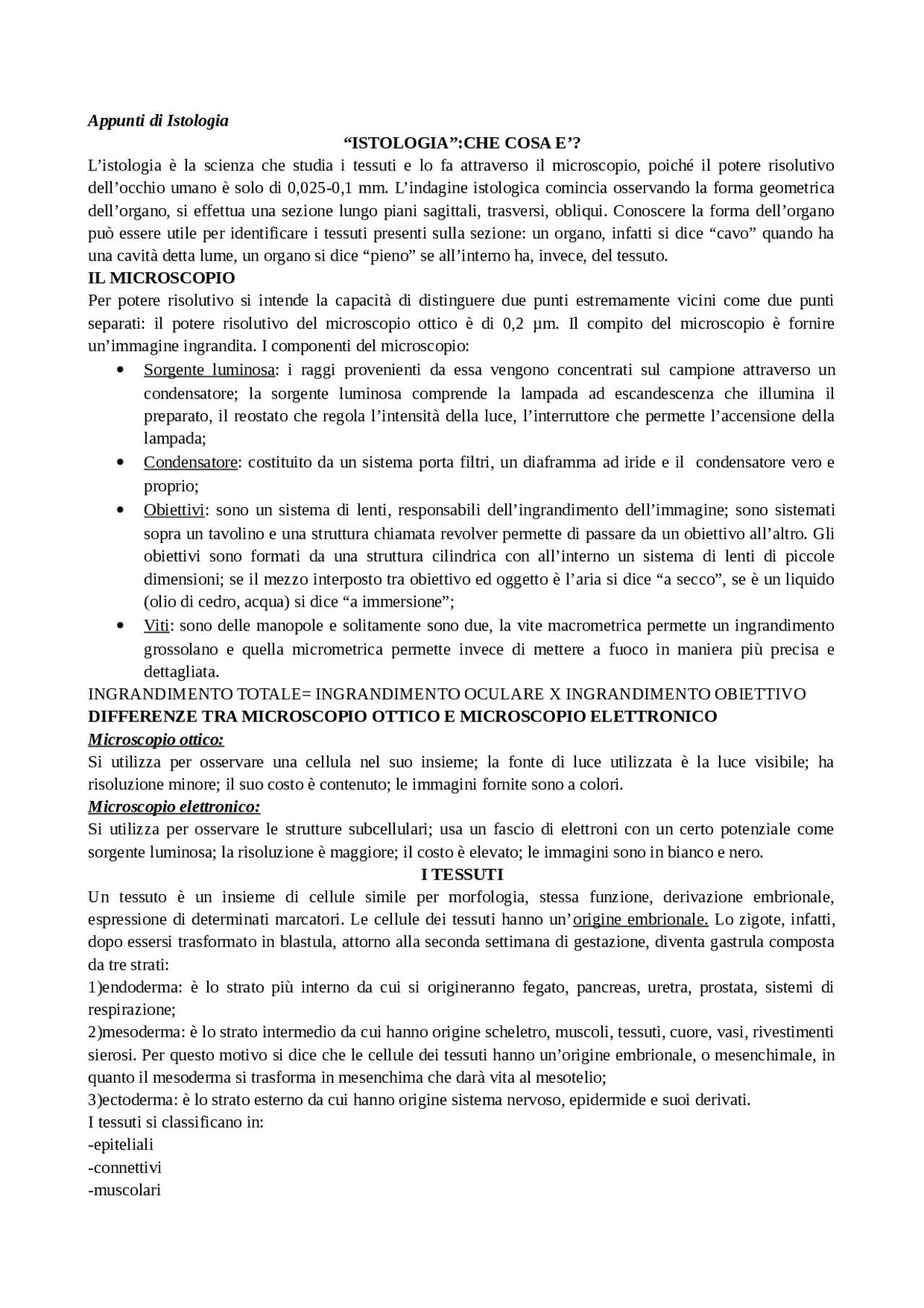 Riassunto Istologia Docsity