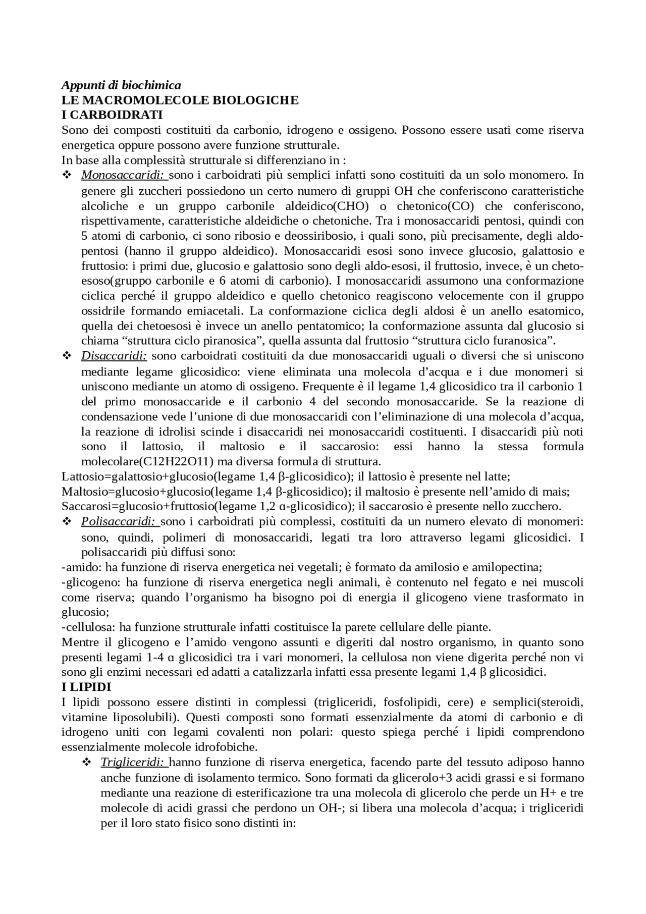 Riassunto Biochimica Docsity
