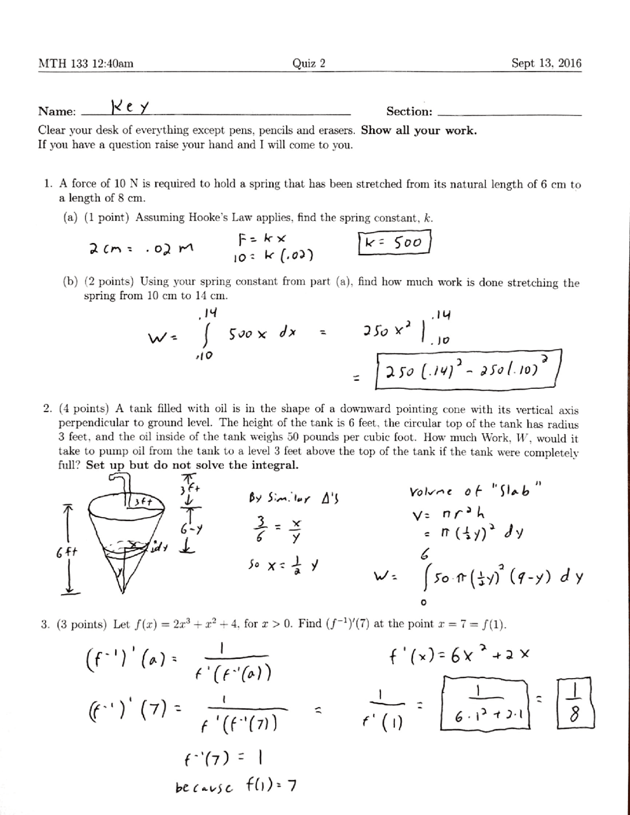 Quiz 2 Answer Key | Calculus II 2016 | MTH 133 | Quizzes Calculus | Docsity