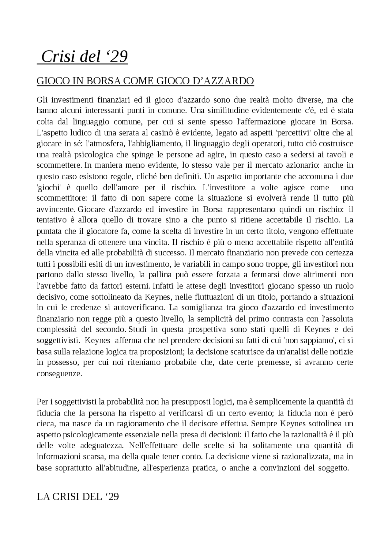 Crisi del 29 - Docsity