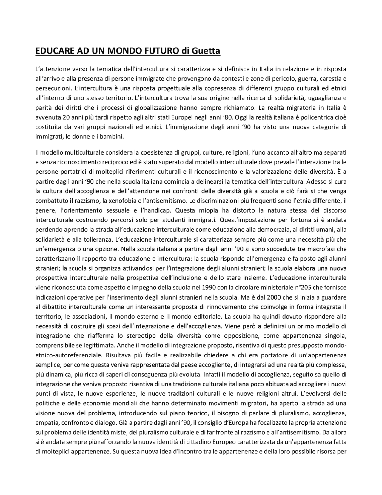Educare Ad Un Mondo Futuro Di Guetta Docsity