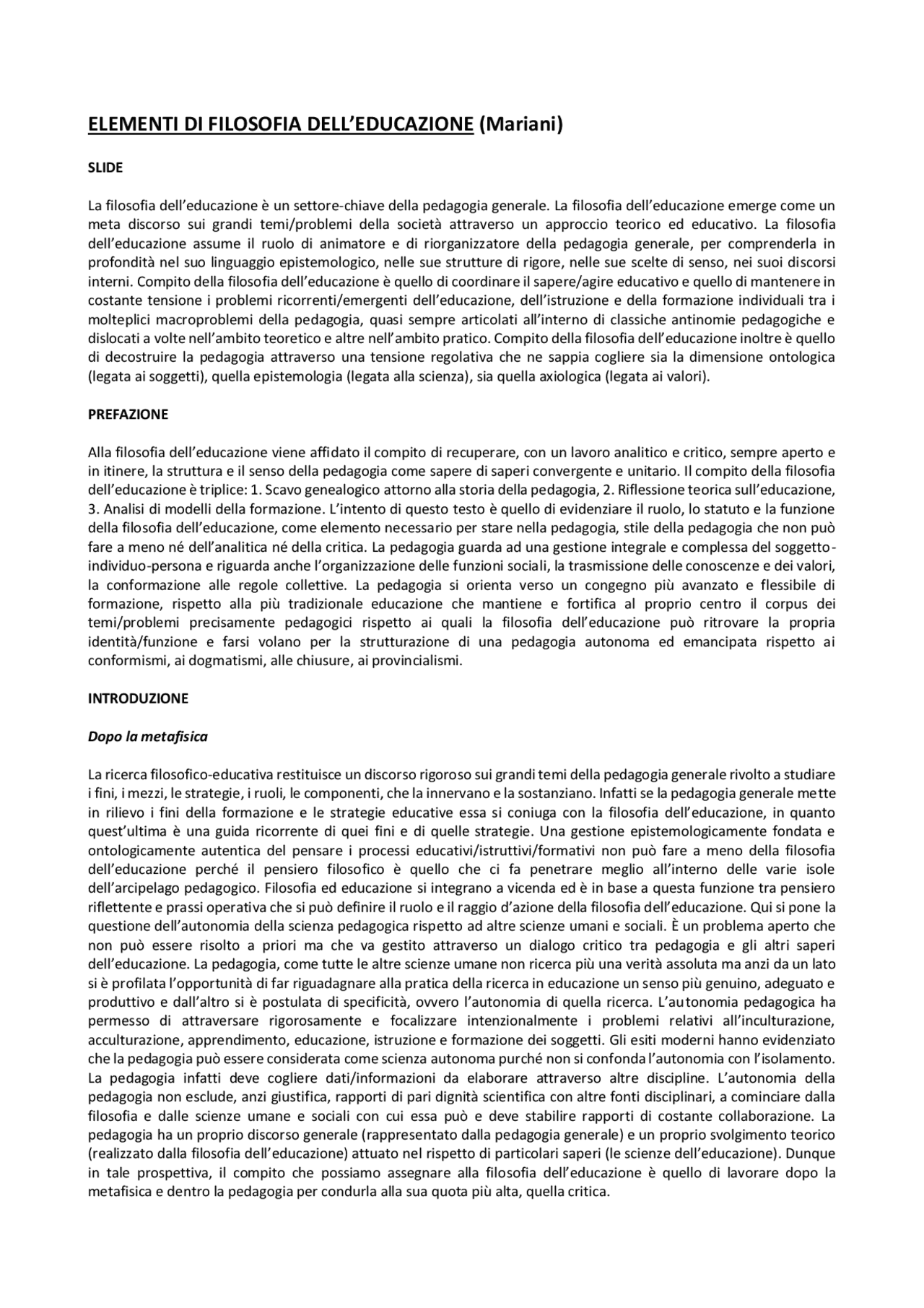 Elementi Di Filosofia Delleducazione Di Mariani Docsity