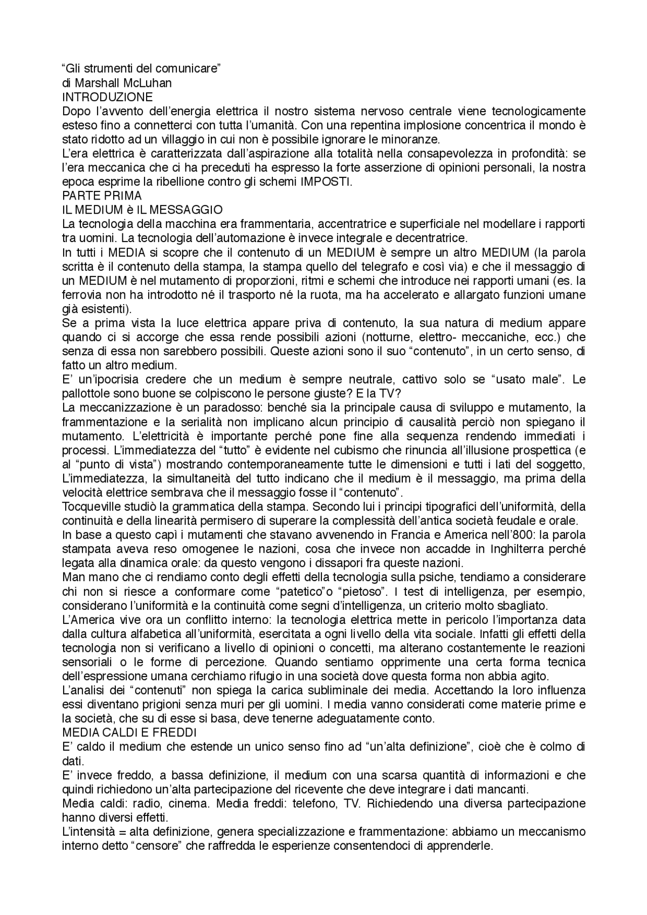 Gli Strumenti Del Comunicare Mcluhan Docsity