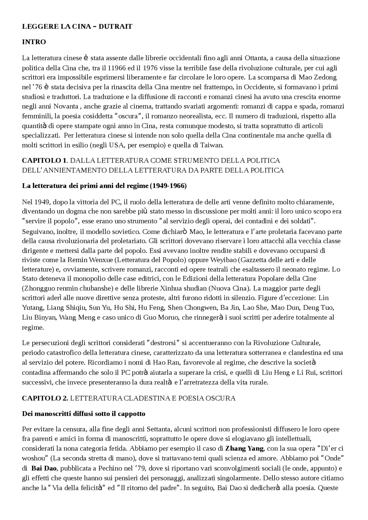 Leggere La Cina Sintesi Del Corso Di Letteratura Docsity