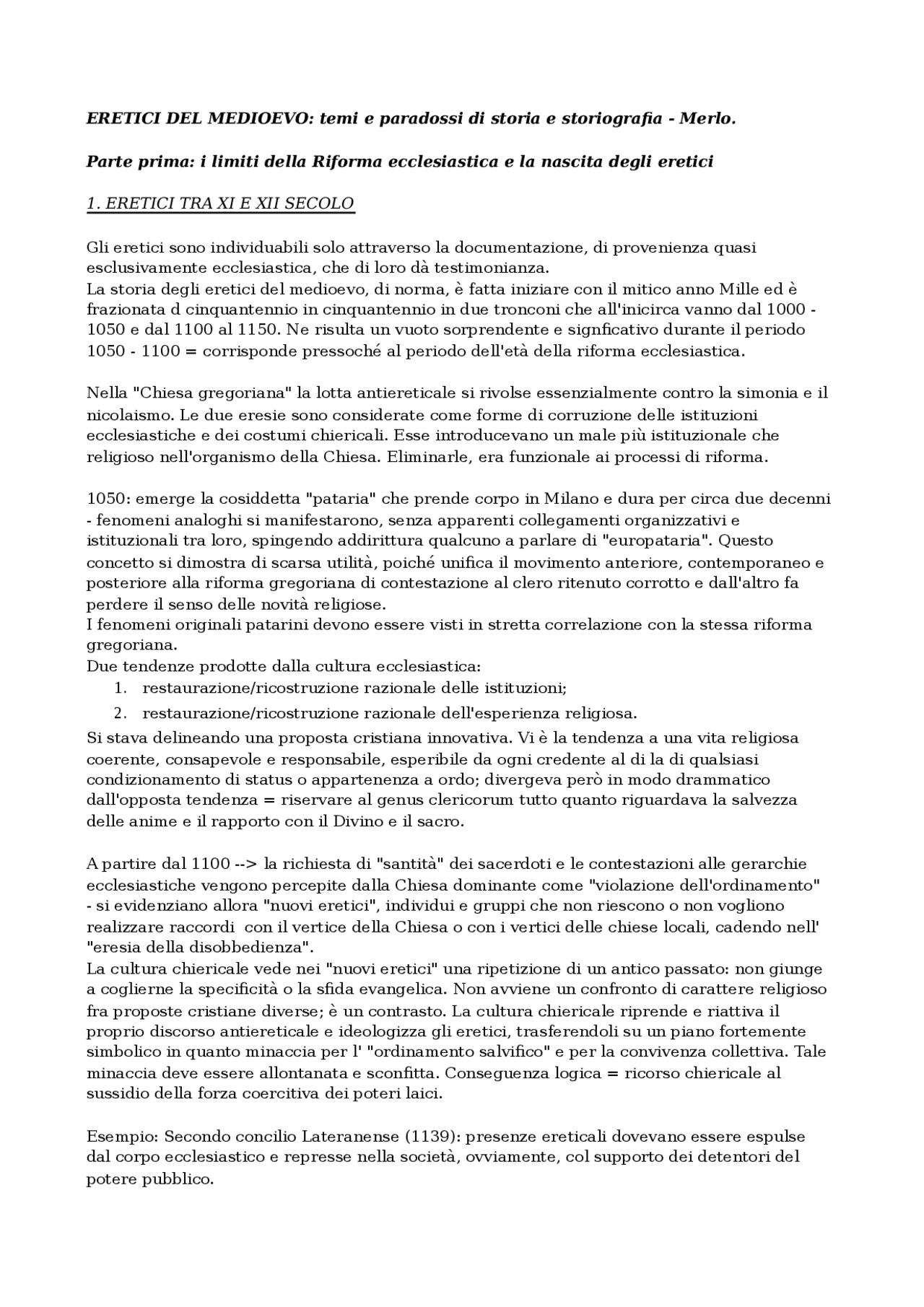 Eretici Nel Medioevo Merlo Docsity