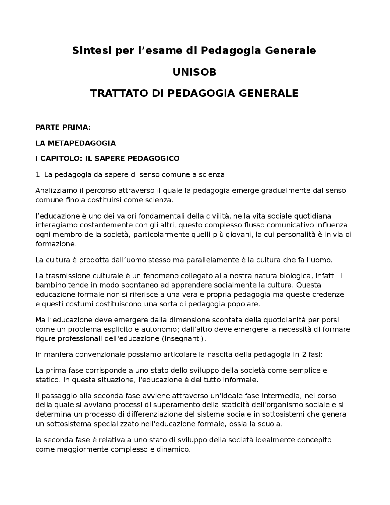 Trattato Pedagogia Generale Baldacci Docsity