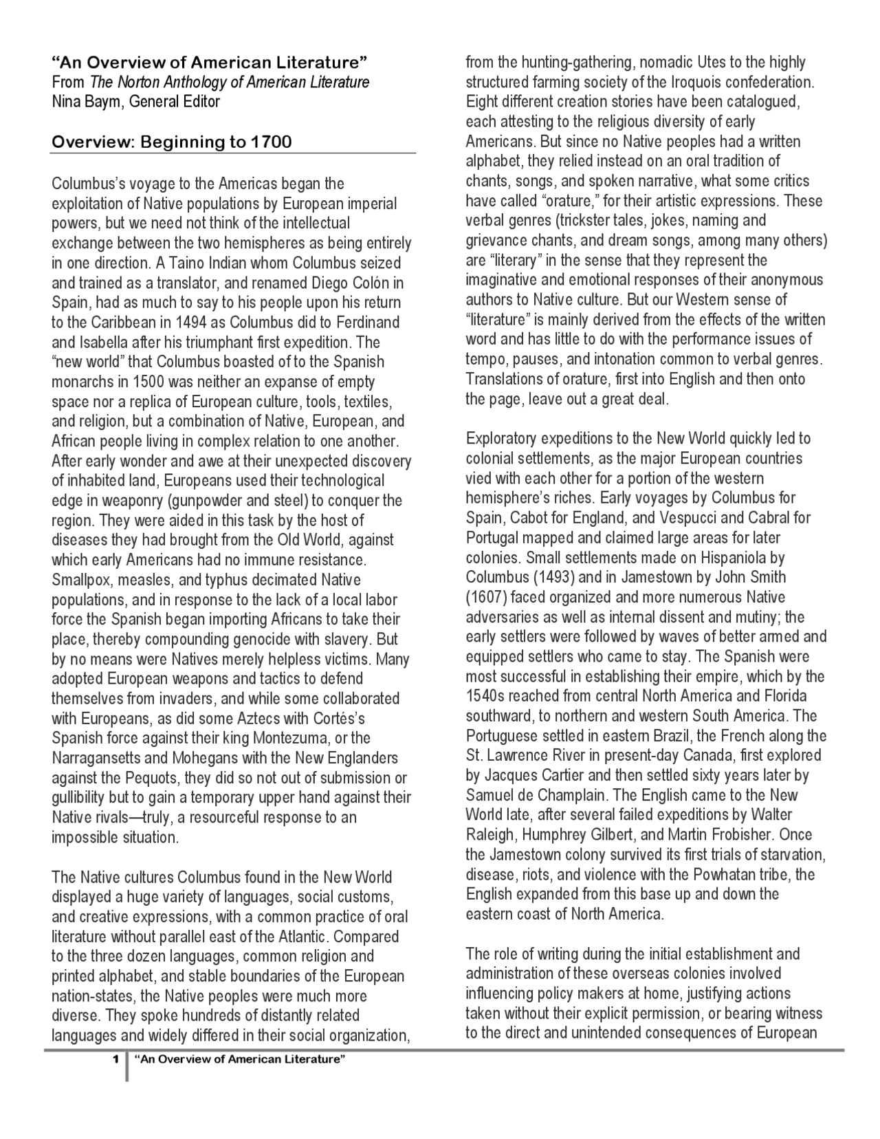 An Overview Of American Literature Docsity