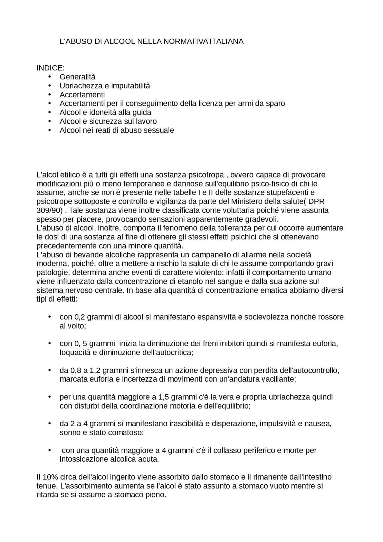 L'abuso di alcol nella normativa italiana - Docsity