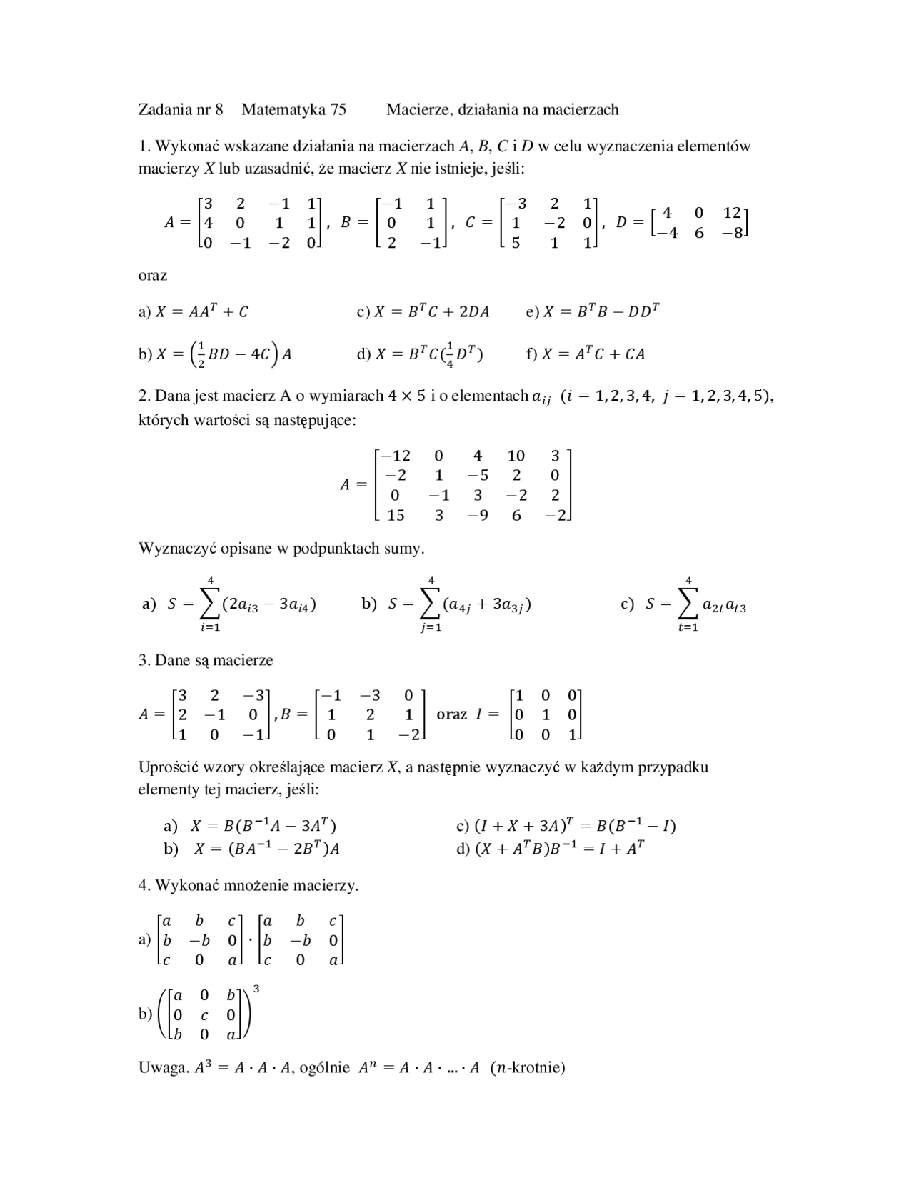Macierze, mnożenie macierzy zadania - Docsity