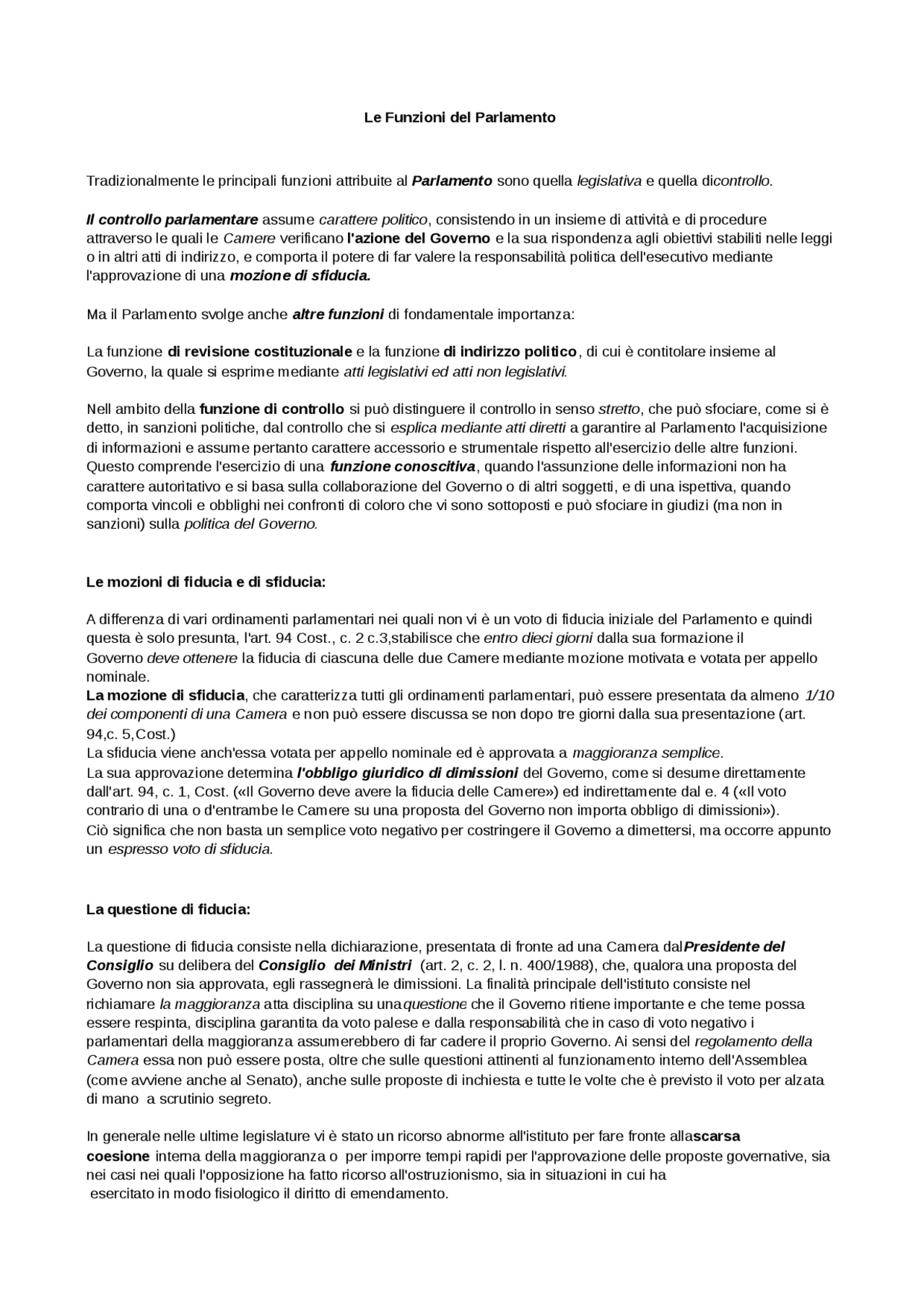 Le Funzioni Del Parlamento Docsity