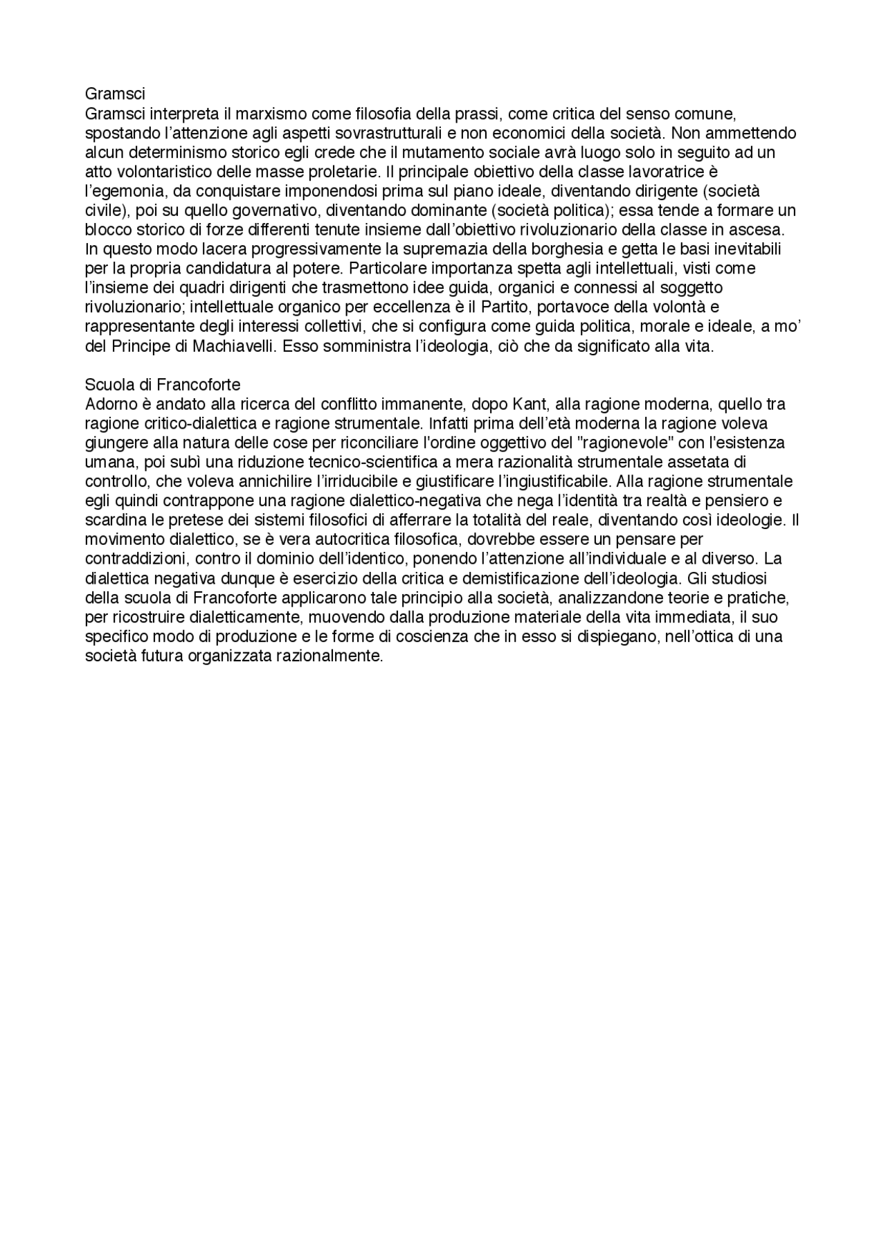 Antonio Gramsci Scuola Di Francoforte Docsity