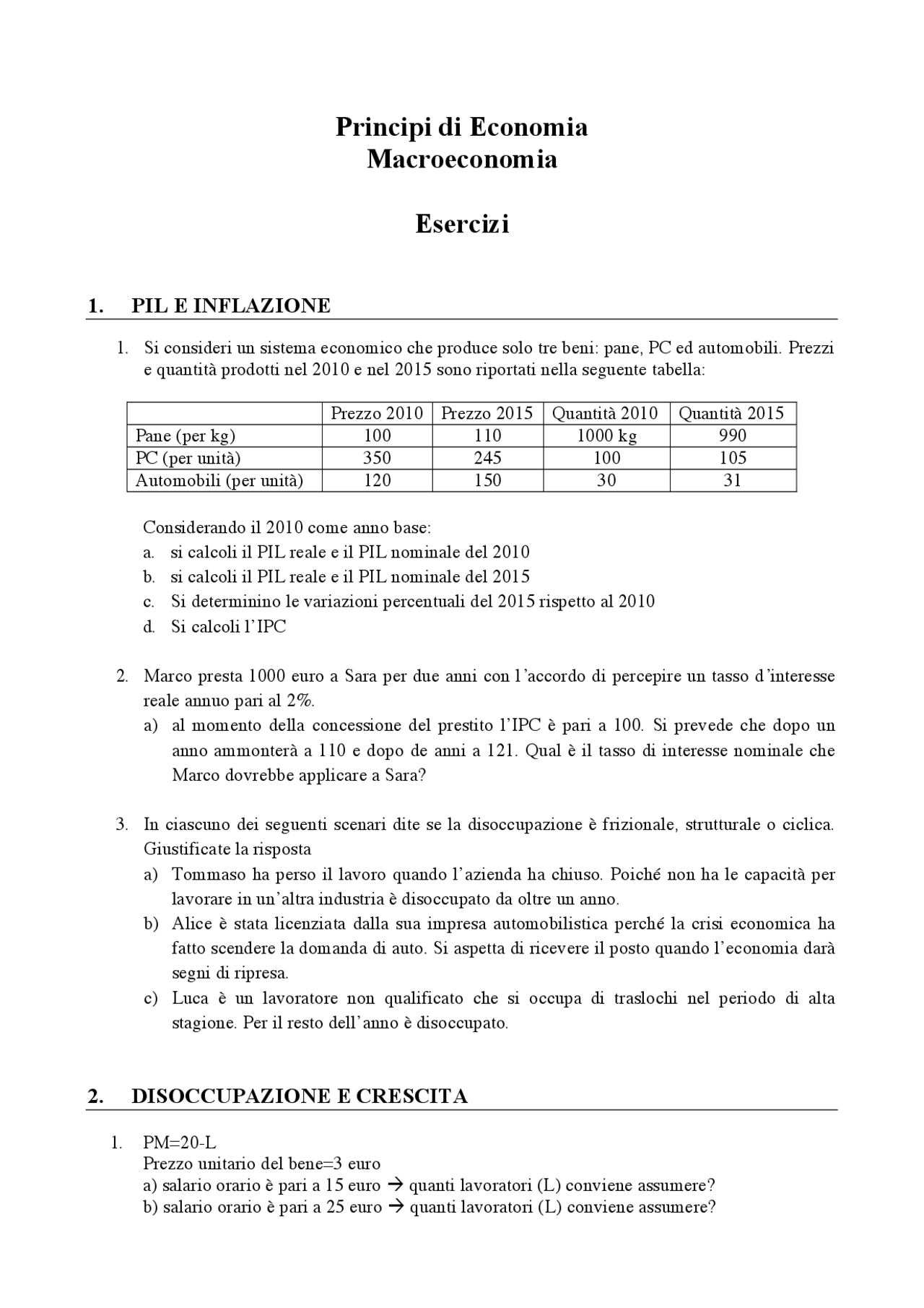 Simulazione Esercizi Macroeconomia Docsity