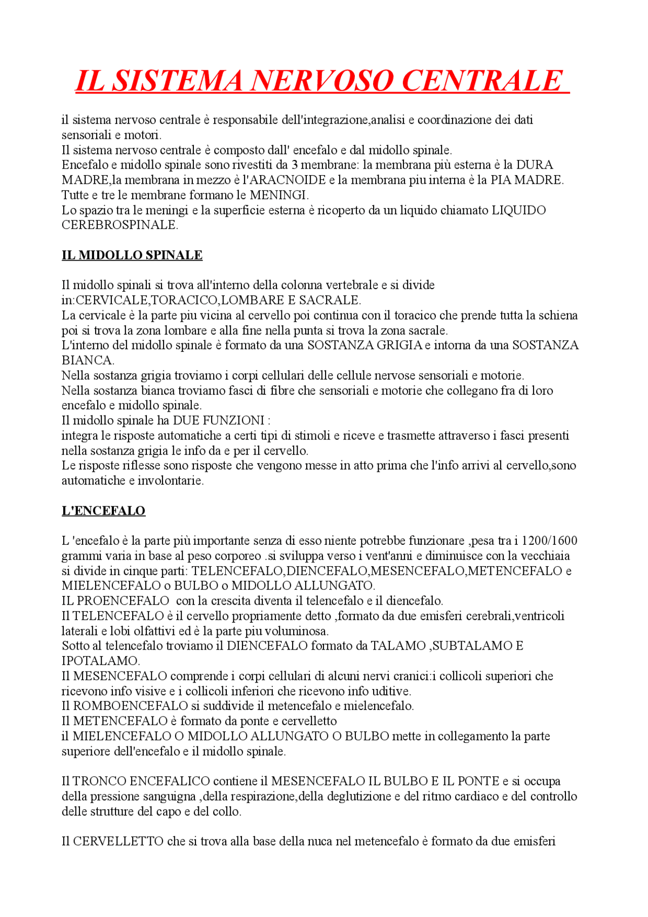 Il Sistema Nervoso Centrale Docsity