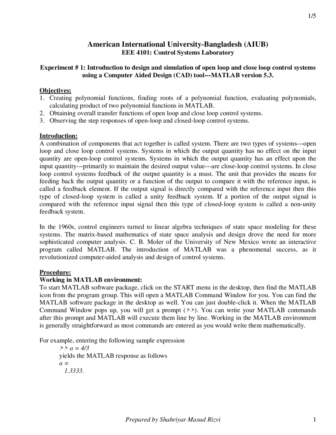 Control Lab Report Experiment No 01 Docsity