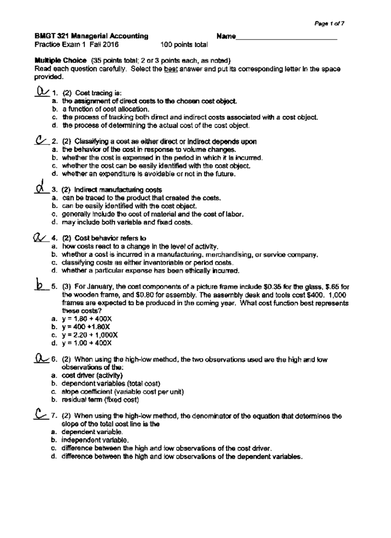 Exam 1 with Answer Key for Managerial Accounting | BMGT 321 - Docsity