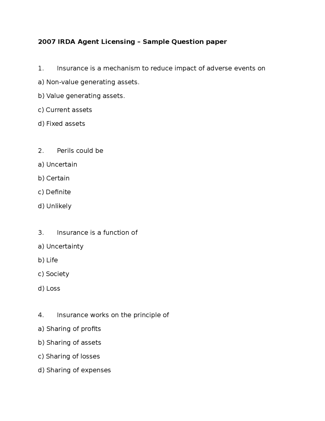IRDA Agent Licensing - Sample Question paper - Docsity