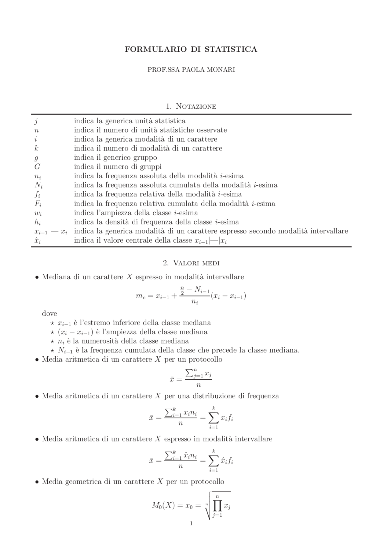 Formulario Statistica Prof. Monari - Docsity