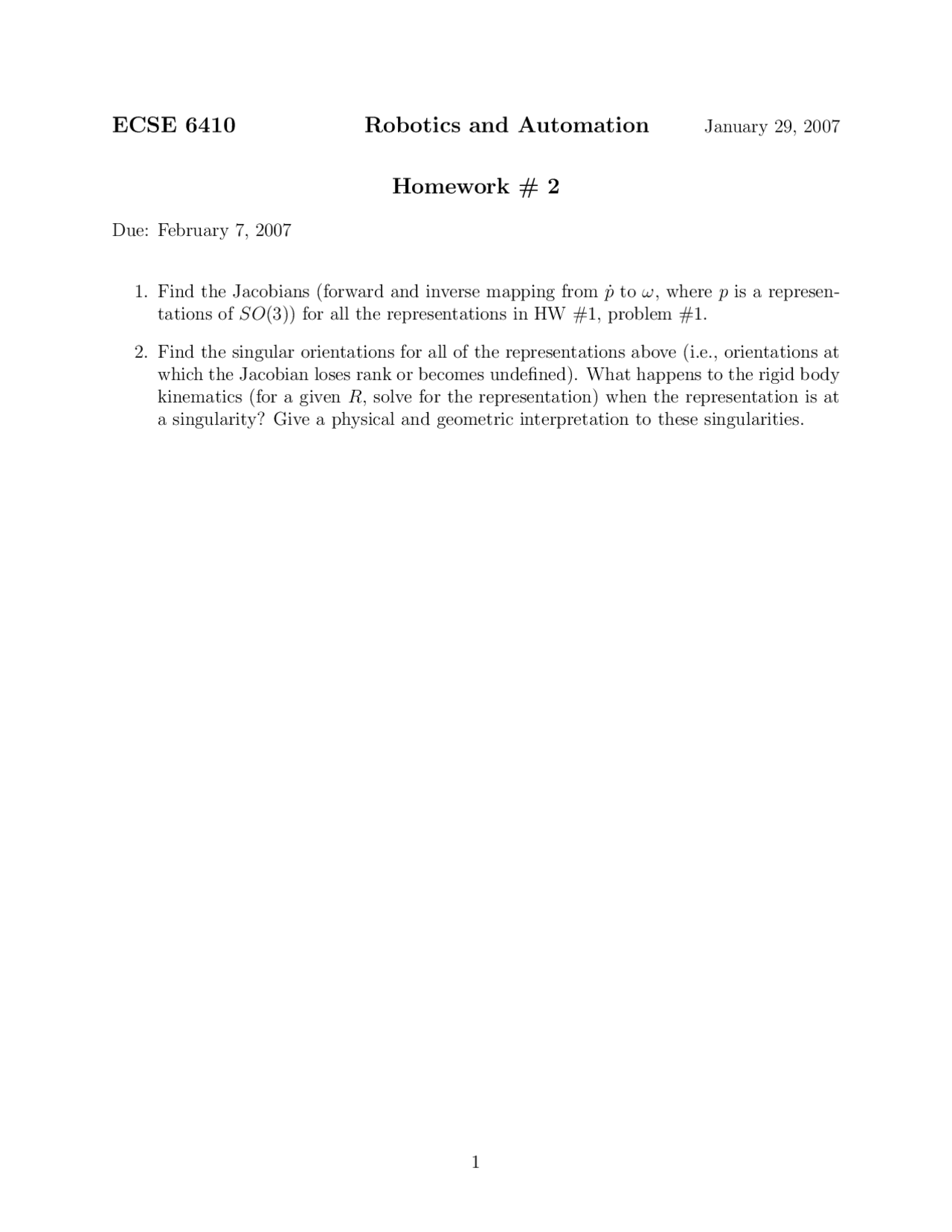 Robotics And Automation Homework 2 Csci 4480 Docsity